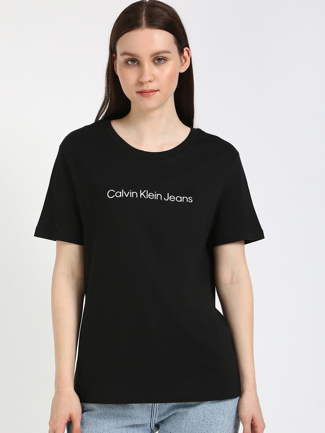 Buy Calvin Klein Jeans Women Typography Extended Sleeves Raw Edge T Shirt - Tshirts for Women ...