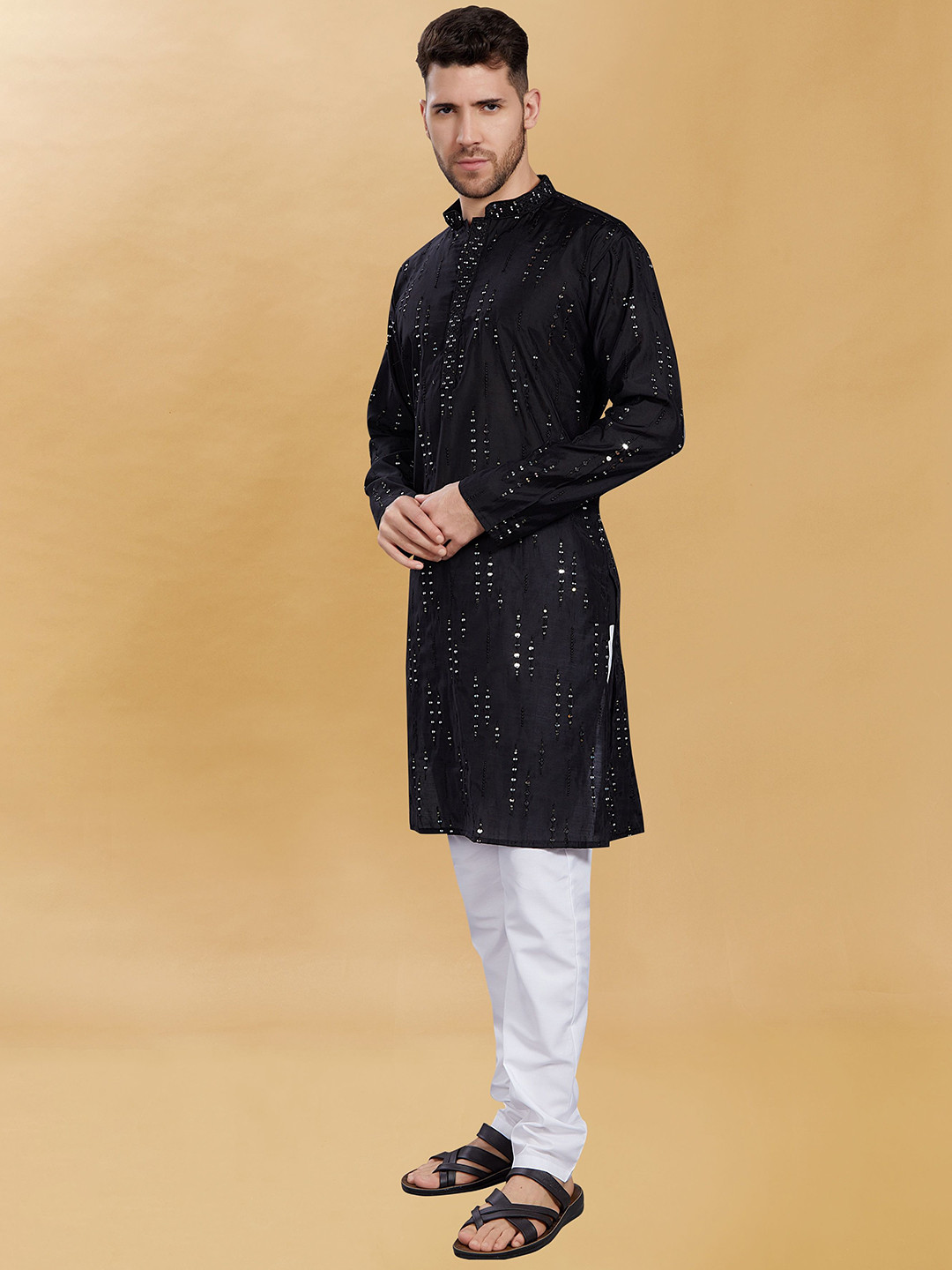 Buy DIVISIVE Geometric Embroidered Mirror Work Mandarin Collar Straight ...