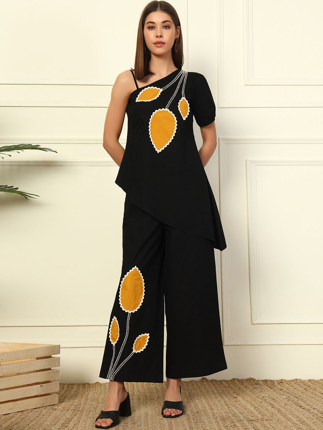 Buy DEEBACO One Shoulder Patch Work Pure Cotton Top With Palazzos - Co ...