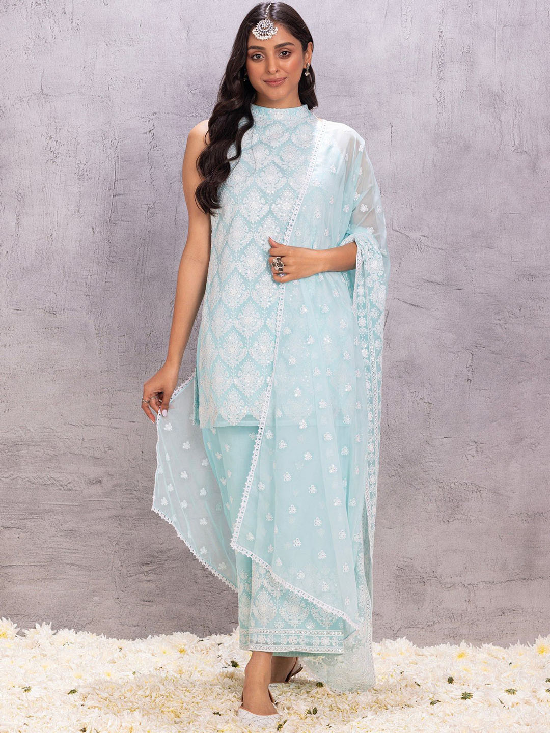 Buy SEW Floral Embroidered Empire Sequinned Organza Straight Kurta With ...