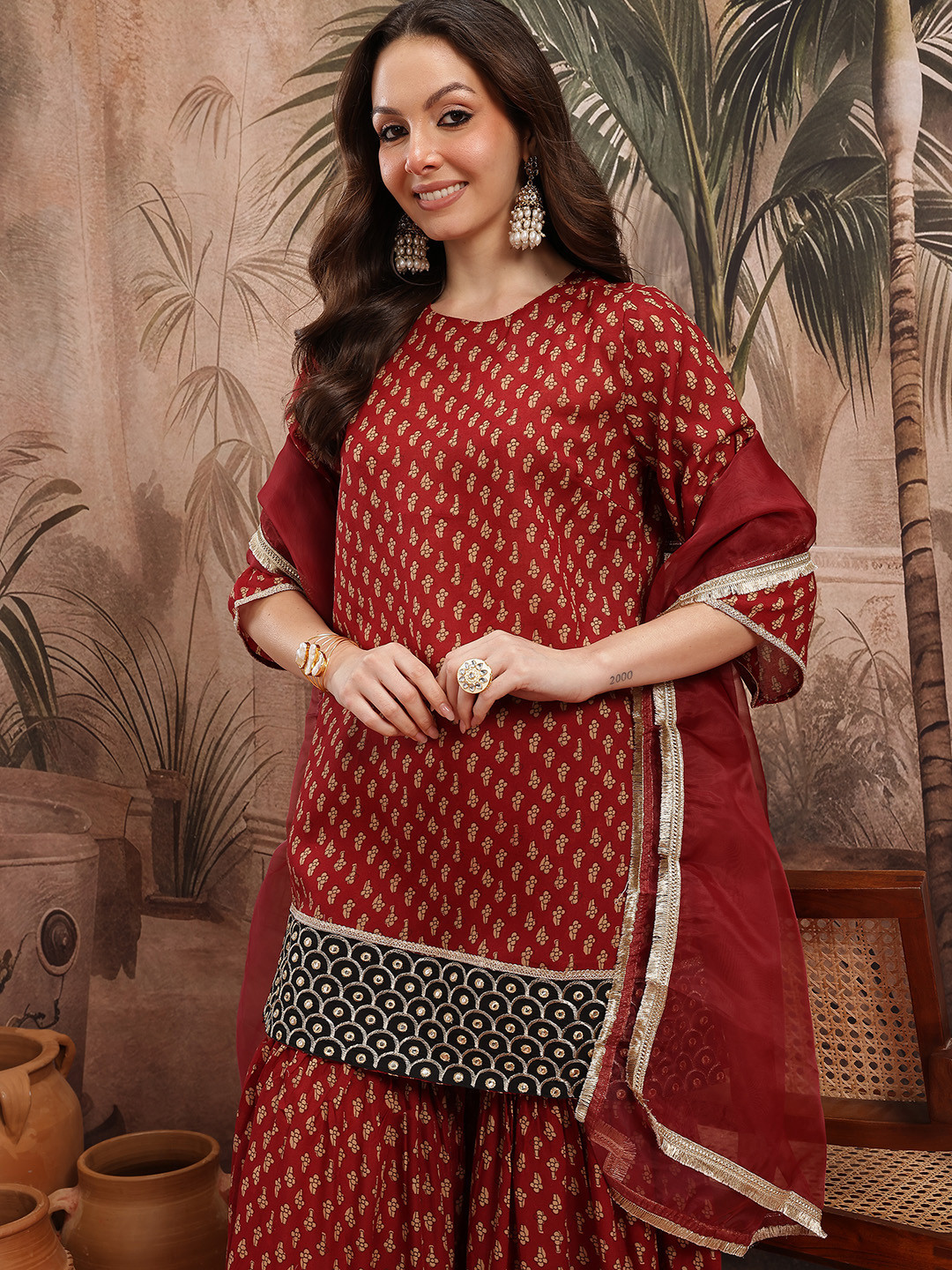 Buy Sangria Ethnic Motifs Printed Mirror Work Kurti With Sharara & Dupatta - Kurta Sets for ...