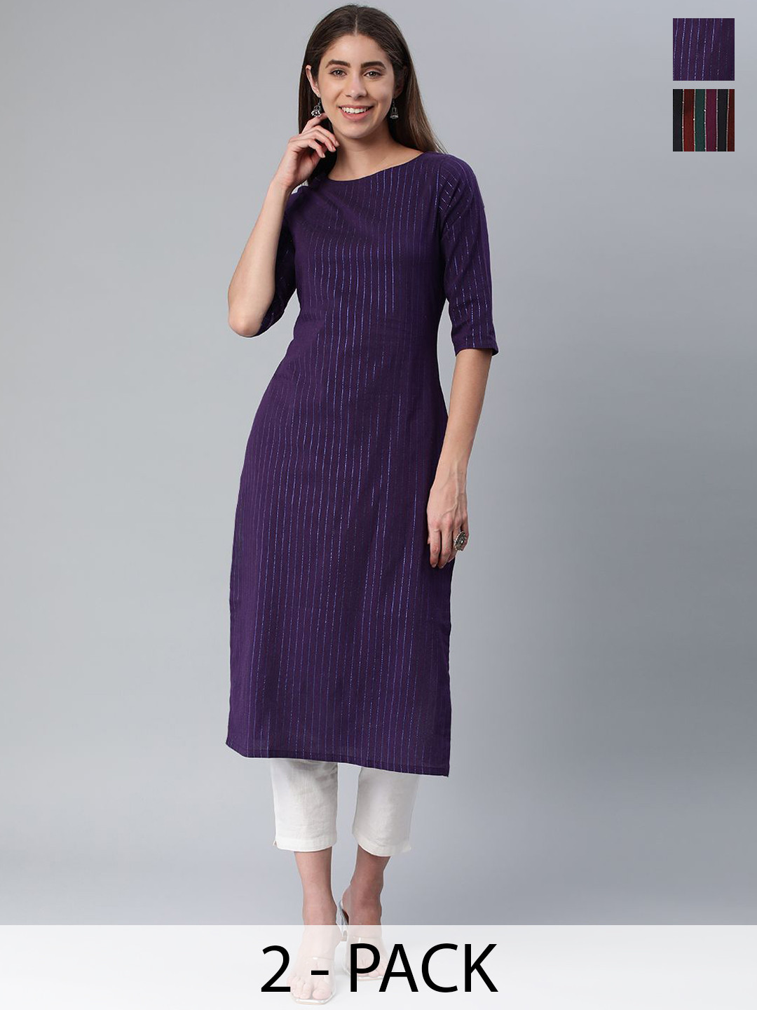 Buy KALINI Selection Of 2 Striped Round Neck Straight Kurtas - Kurtas ...