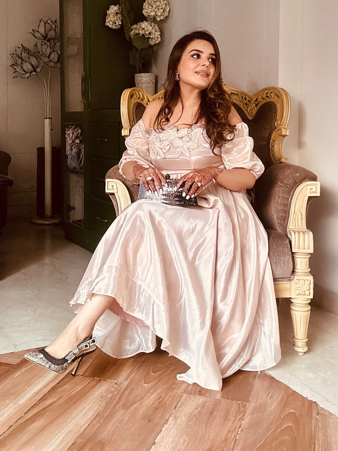 Buy WEAVING CULT Rose Gold Tissue Embellished Off Shoulder Dress ...