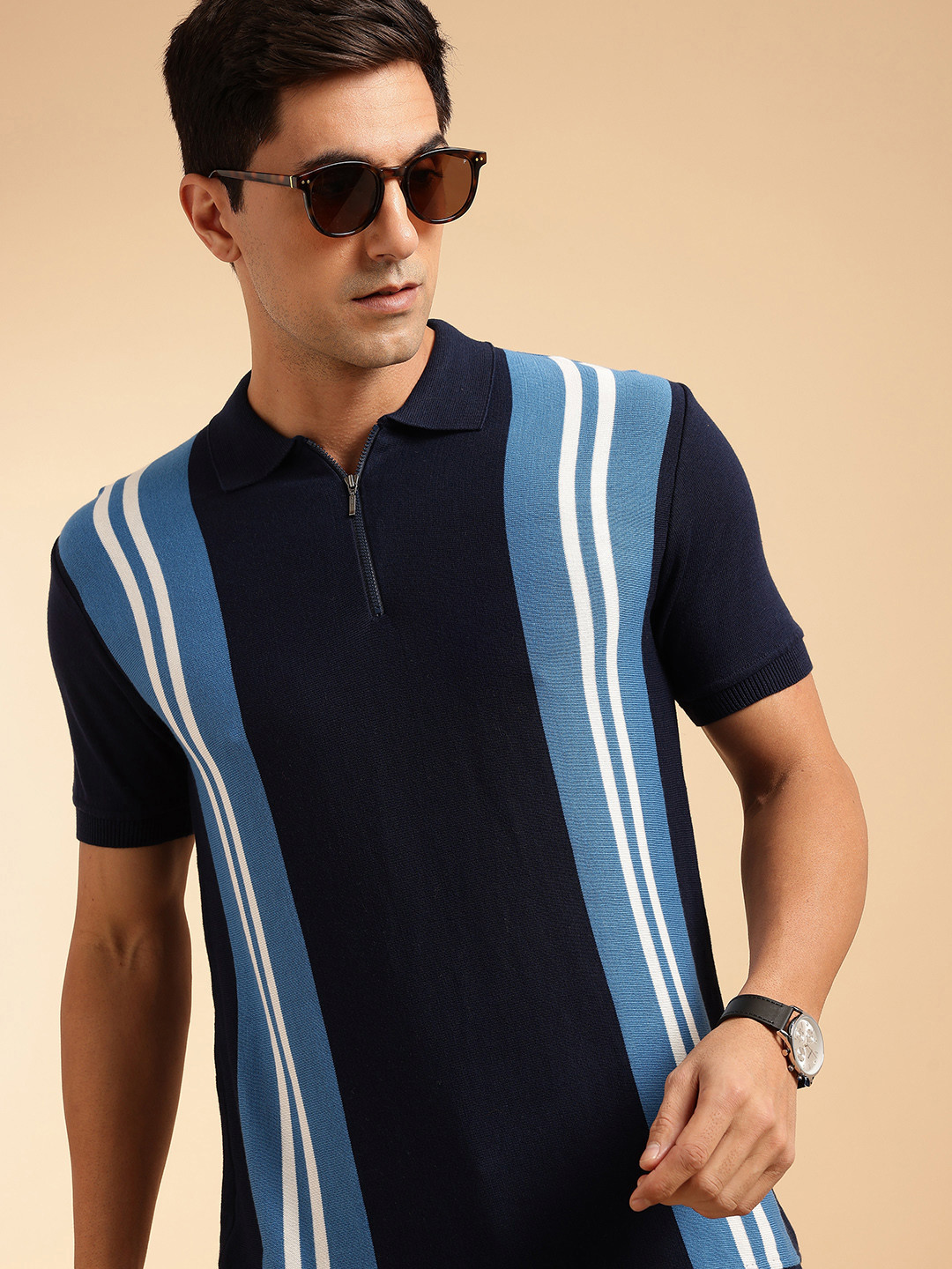 Buy French Connection Pure Cotton Self Striped Polo Collar Knit T Shirt ...