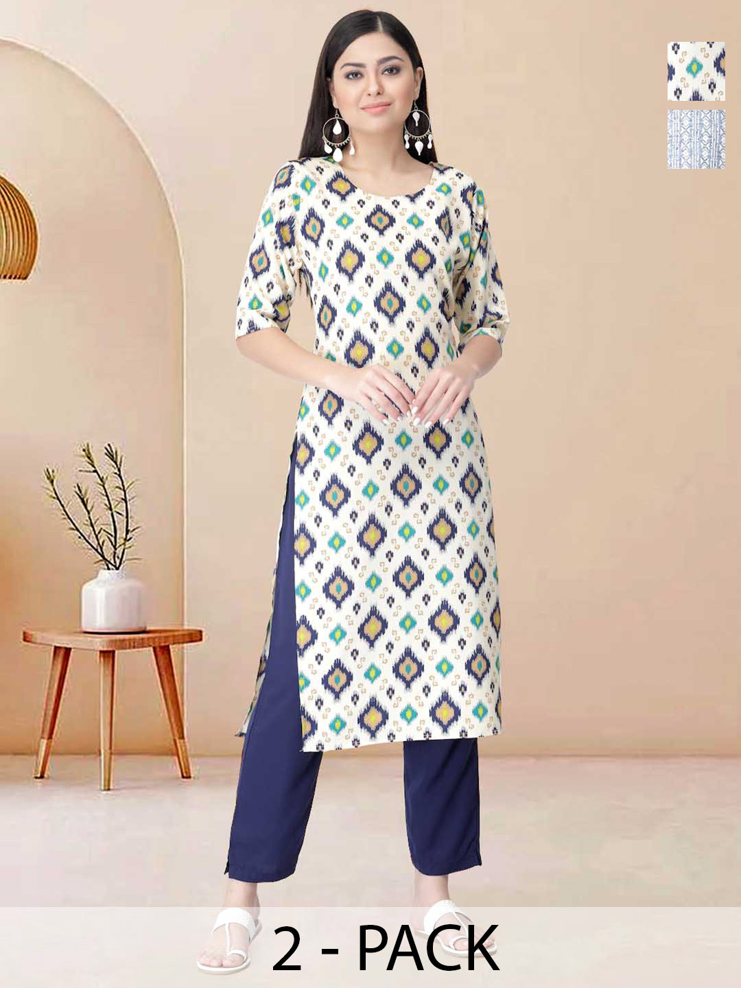 Buy Moda Rapido Pack Of 2 Printed Straight Kurta With Trousers - Kurta ...