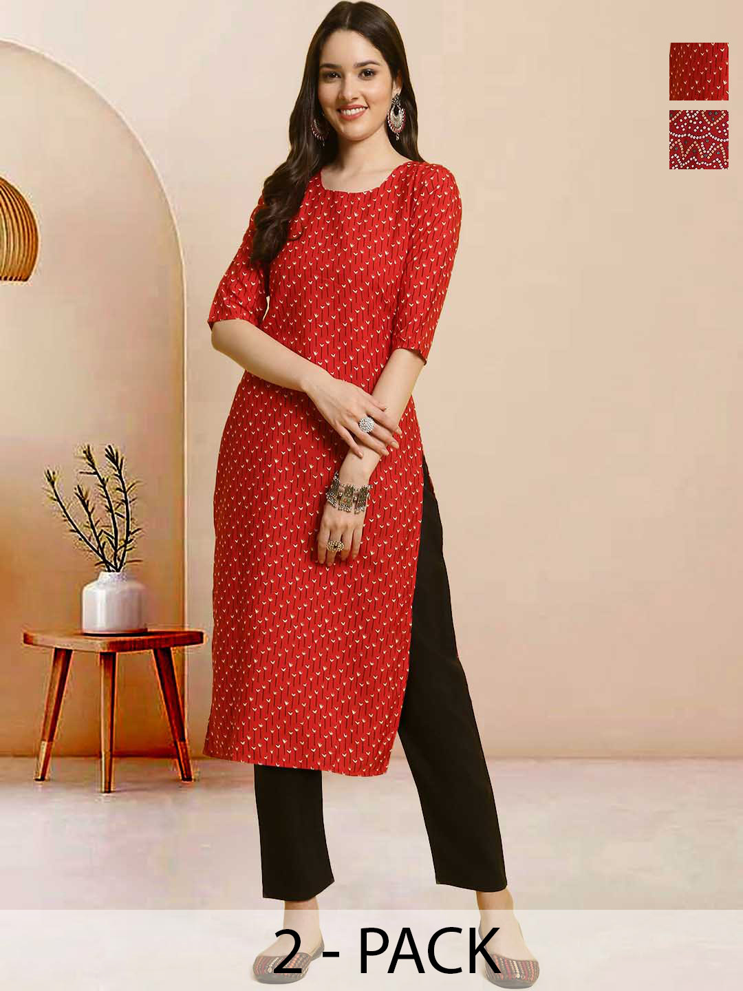 Buy Moda Rapido Pack Of 2 Printed Straight Kurta With Trousers - Kurta ...