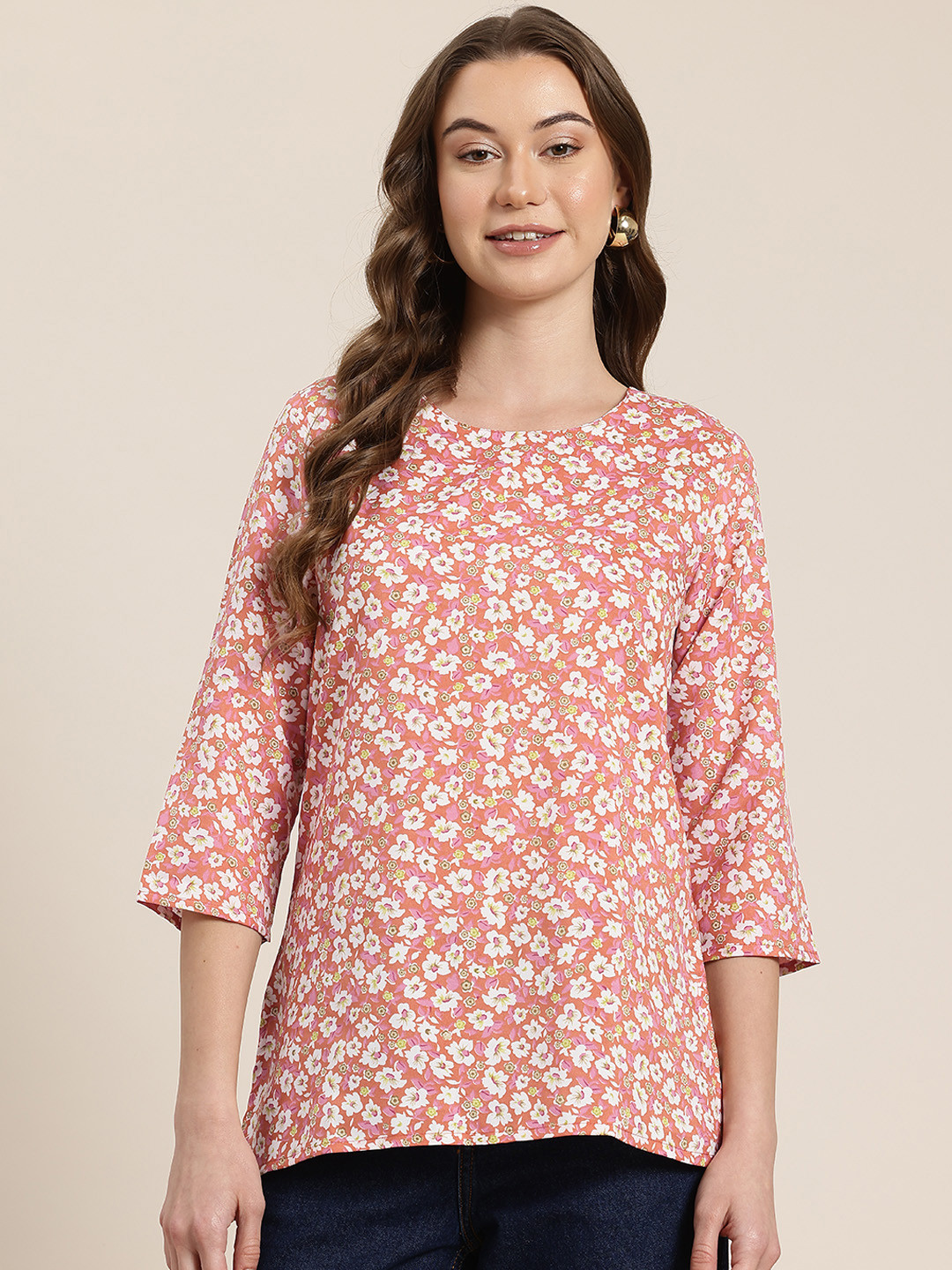 Buy HERE&NOW Floral Printed Round Neck Kurti - Kurtis for Women ...