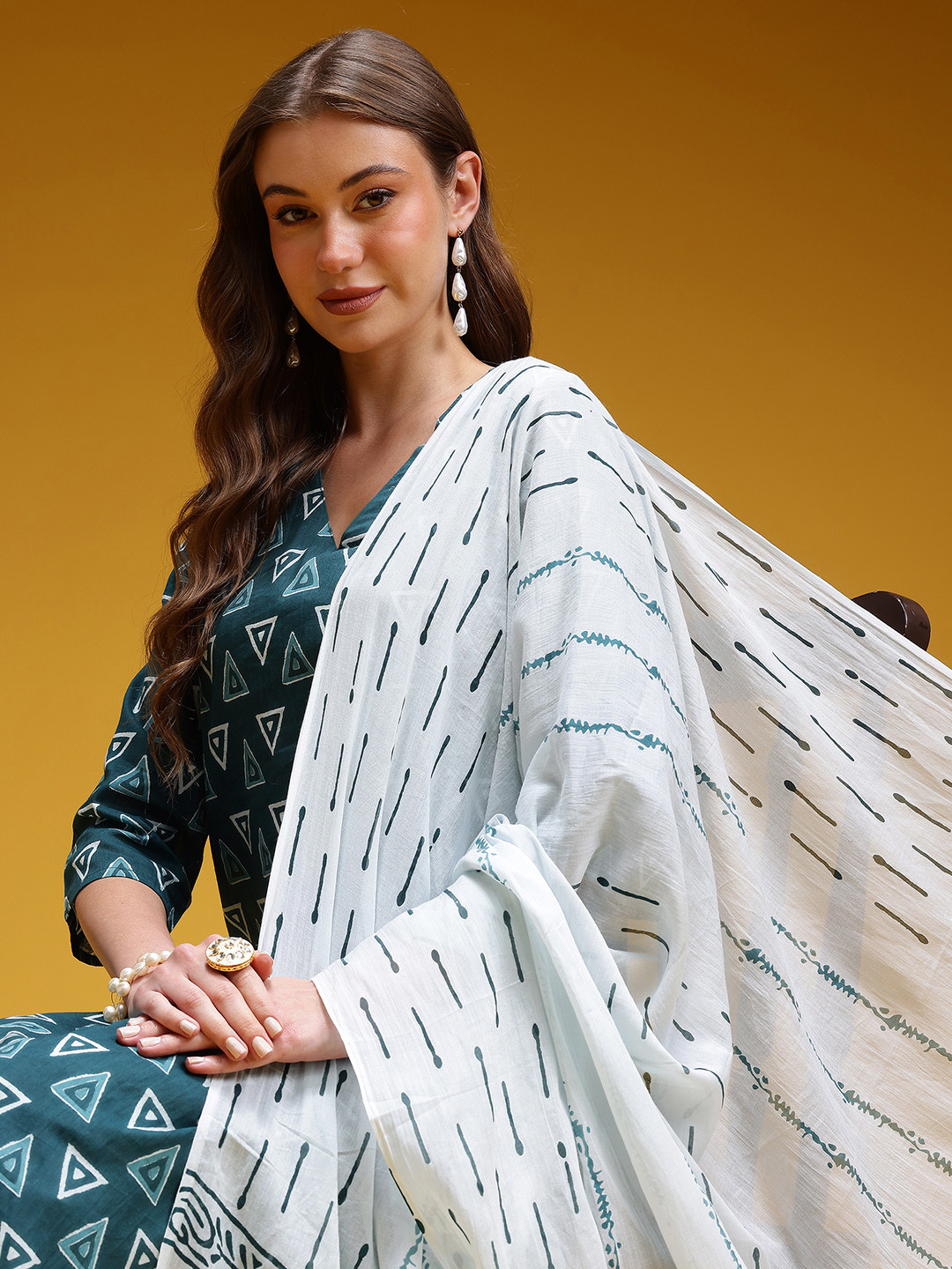 Buy HERE&NOW Printed Pure Cotton Kurta With Trousers & Dupatta - Kurta ...