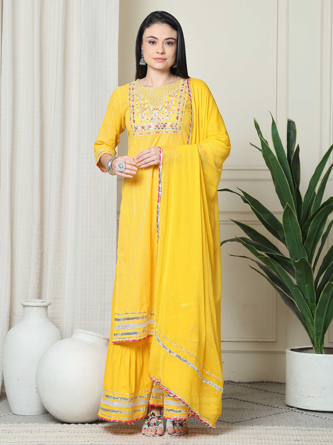 Buy Roly Poly Floral Embroidered Mirror Work Pure Cotton Straight Kurta ...