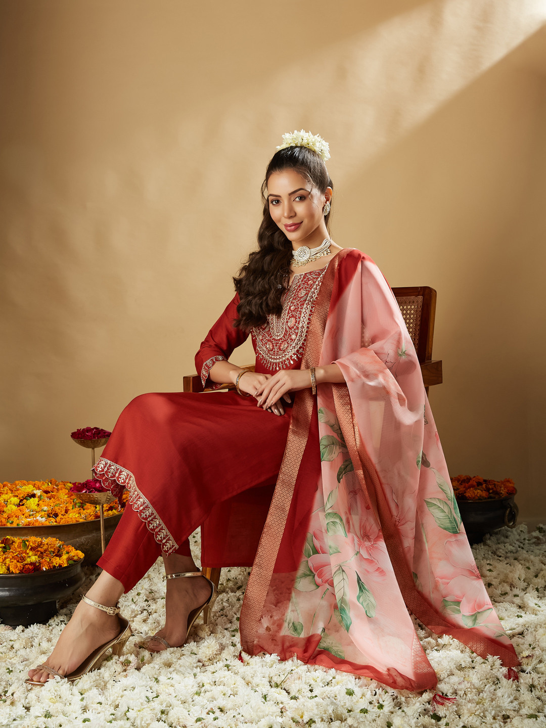 Buy MOKOSH Floral Embroidered Sequinned Notch Neck Kurta With Trousers & Dupatta - Kurta Sets ...