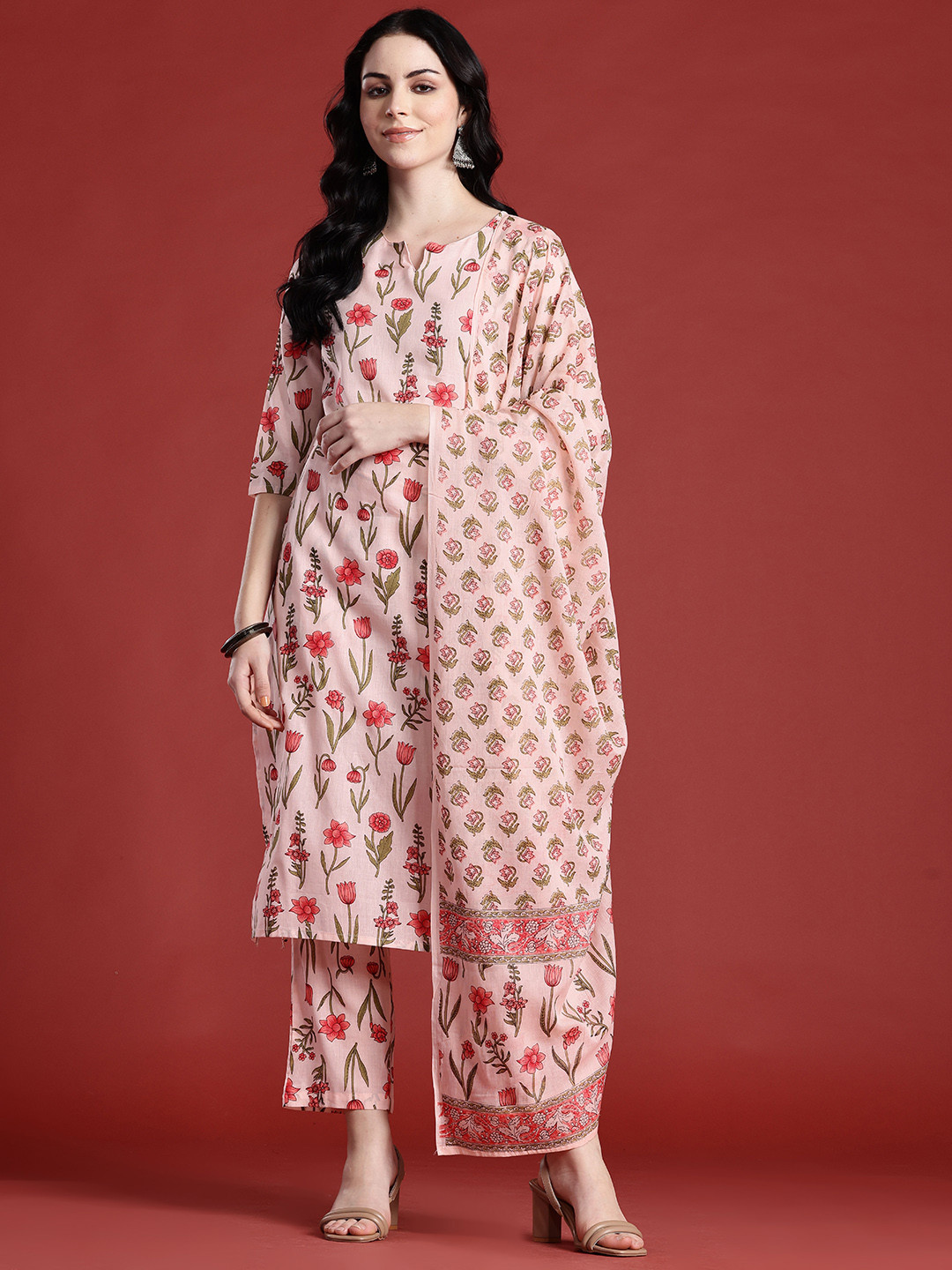 Buy Anouk Floral Printed Pure Cotton Kurta With Trousers & With Dupatta ...