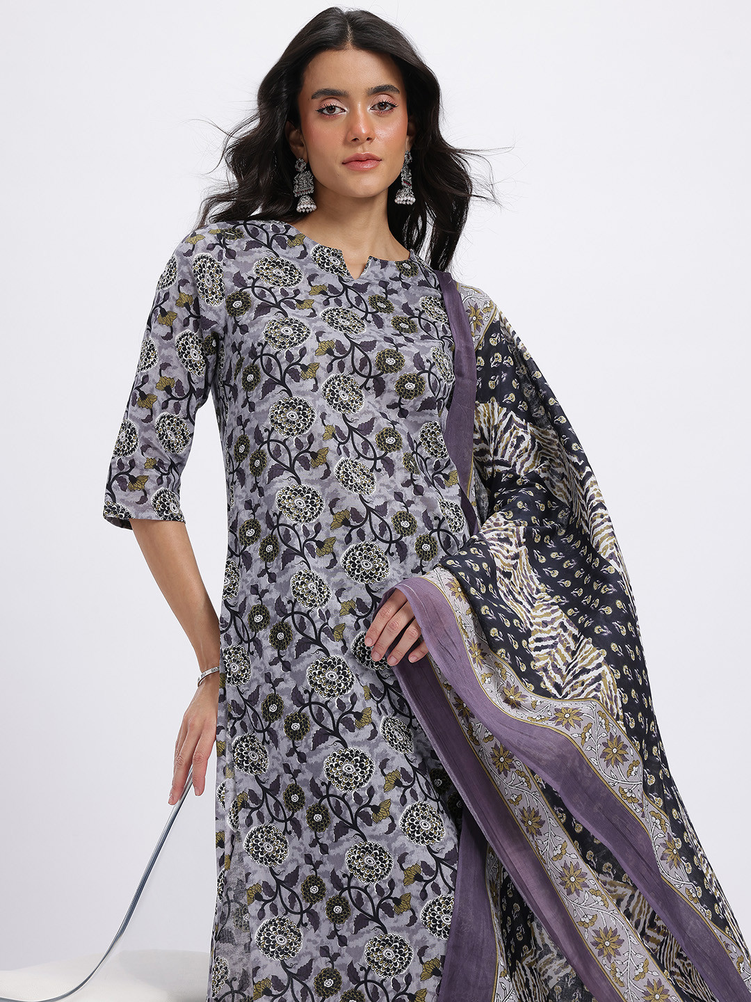 Buy Anouk Floral Print Pure Cotton Straight Kurta With Trousers & Dupatta - Kurta Sets for Women ...
