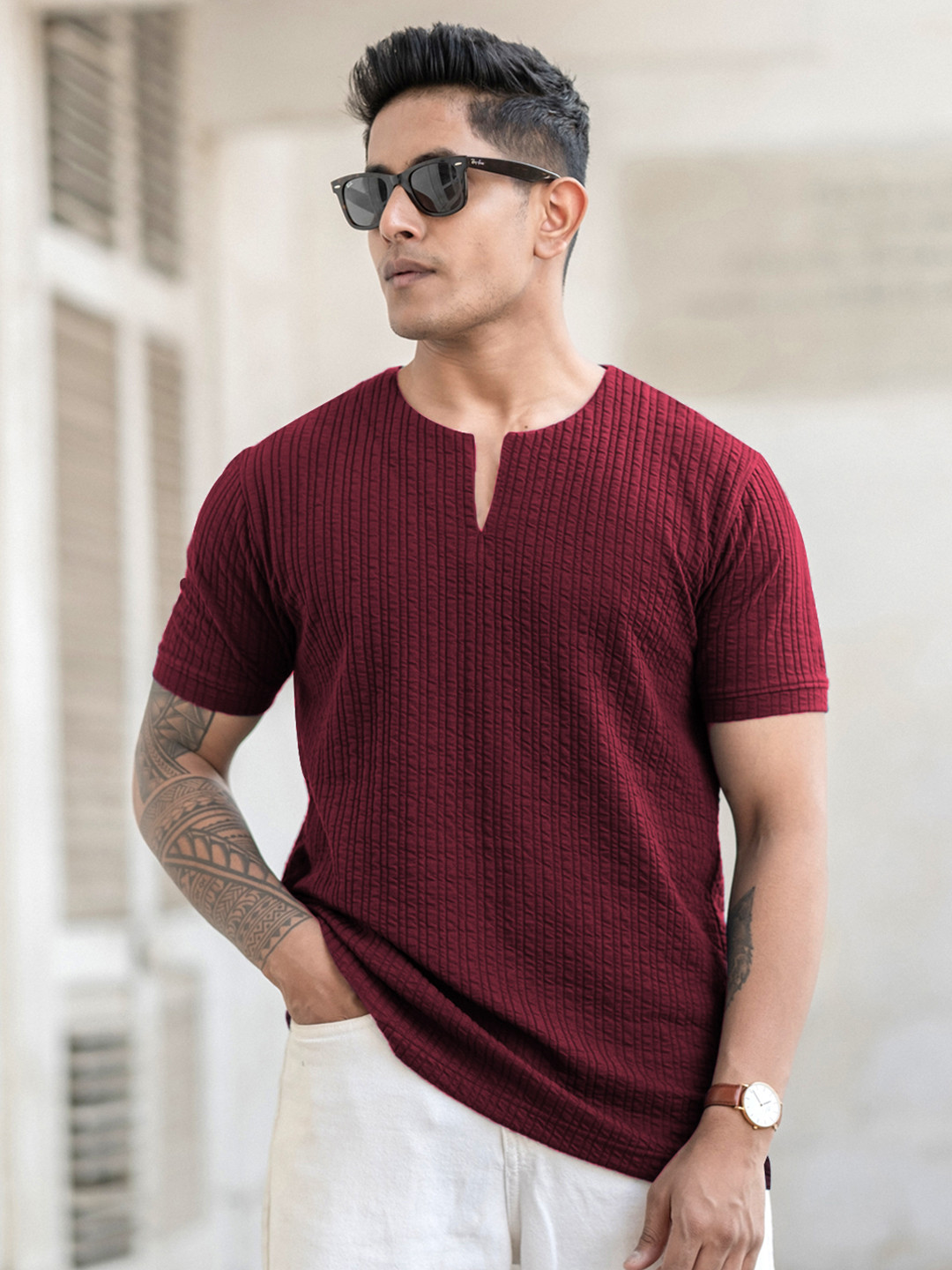 Buy Powerlook Men Regular Fit Self Design Round Neck T Shirt - Tshirts ...