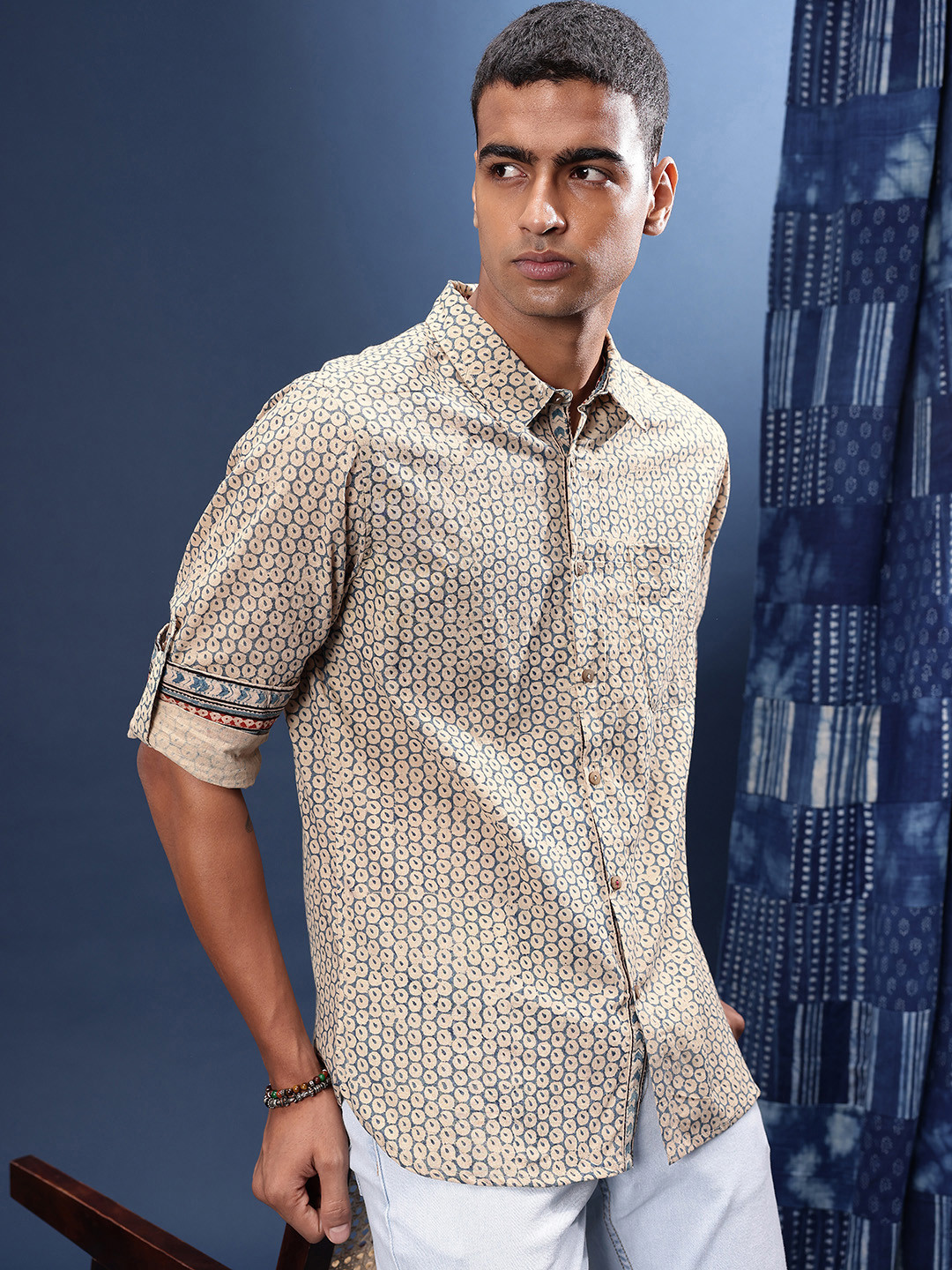 Buy Taavi Pure Cotton Geometric Printed Roll Up Sleeves Kalamkari ...