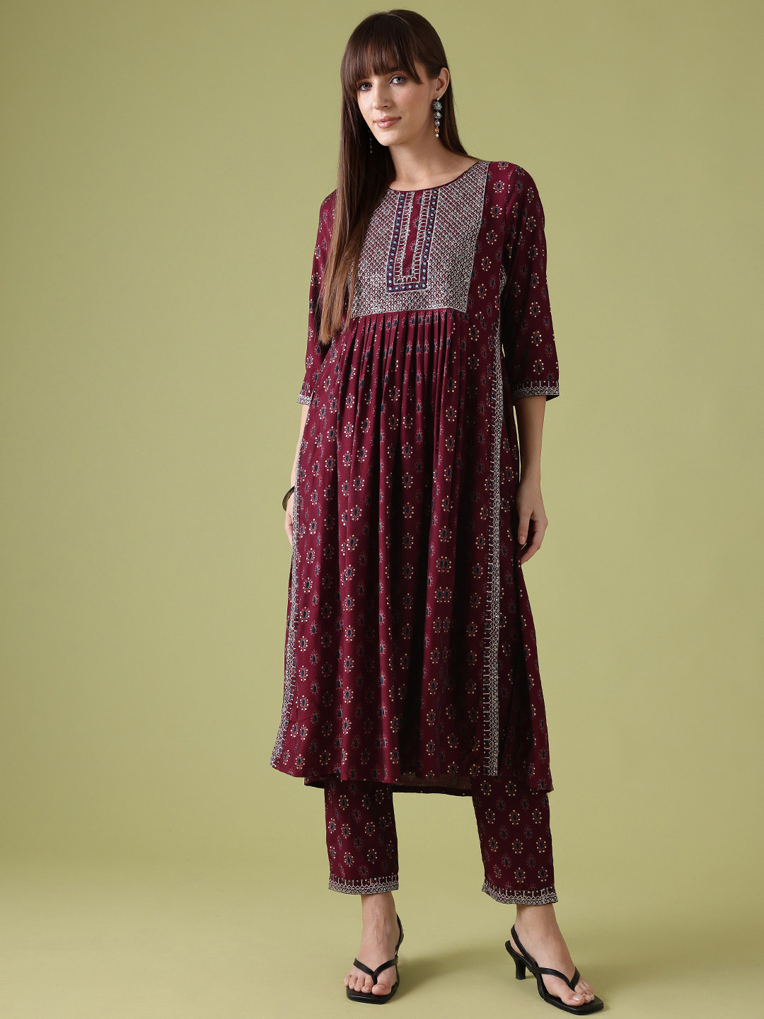 Buy Anouk Ethnic Motifs Print Pleated Thread Work Kurta With Trousers ...