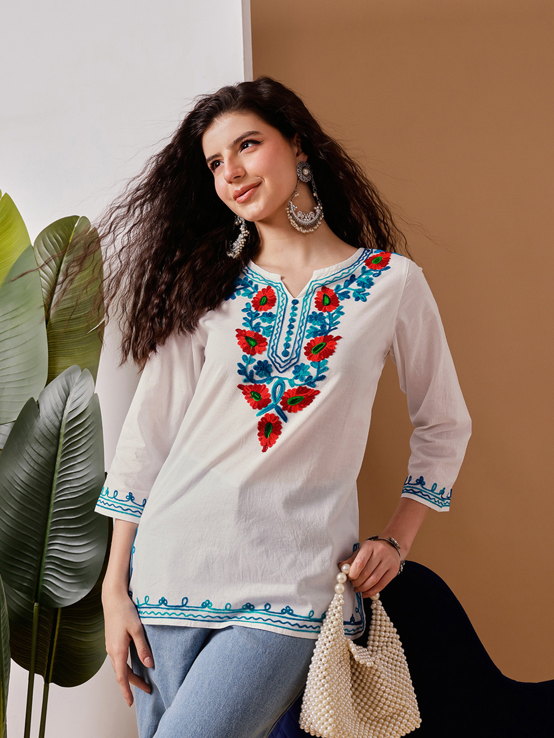 Buy FEMBLISS Ethnic Floral Embroidered Notch Neck Pure Cotton Kurti ...
