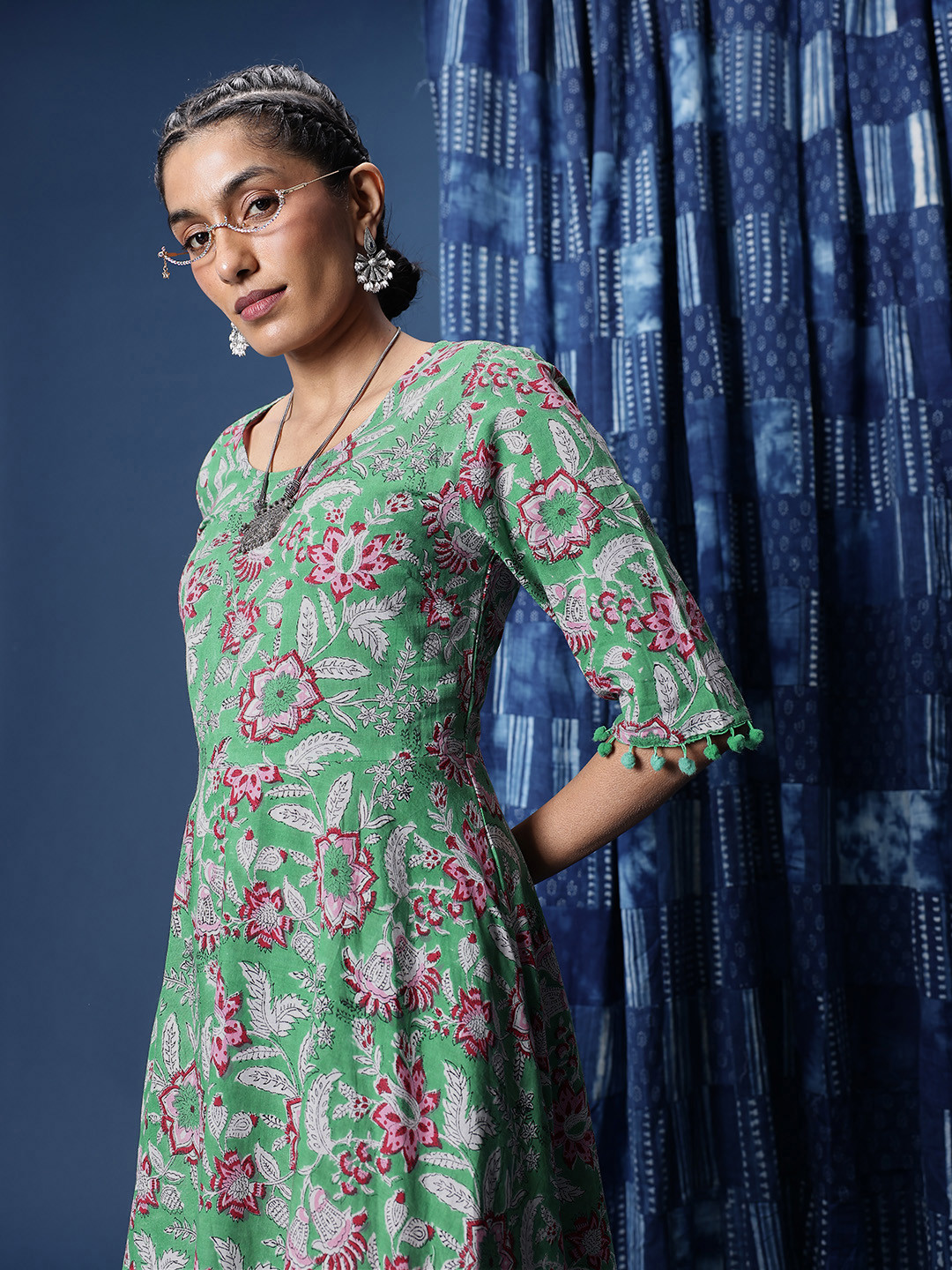 Buy Taavi Floral Sanganeri Printed A Line Midi Dress With Pom Pom ...