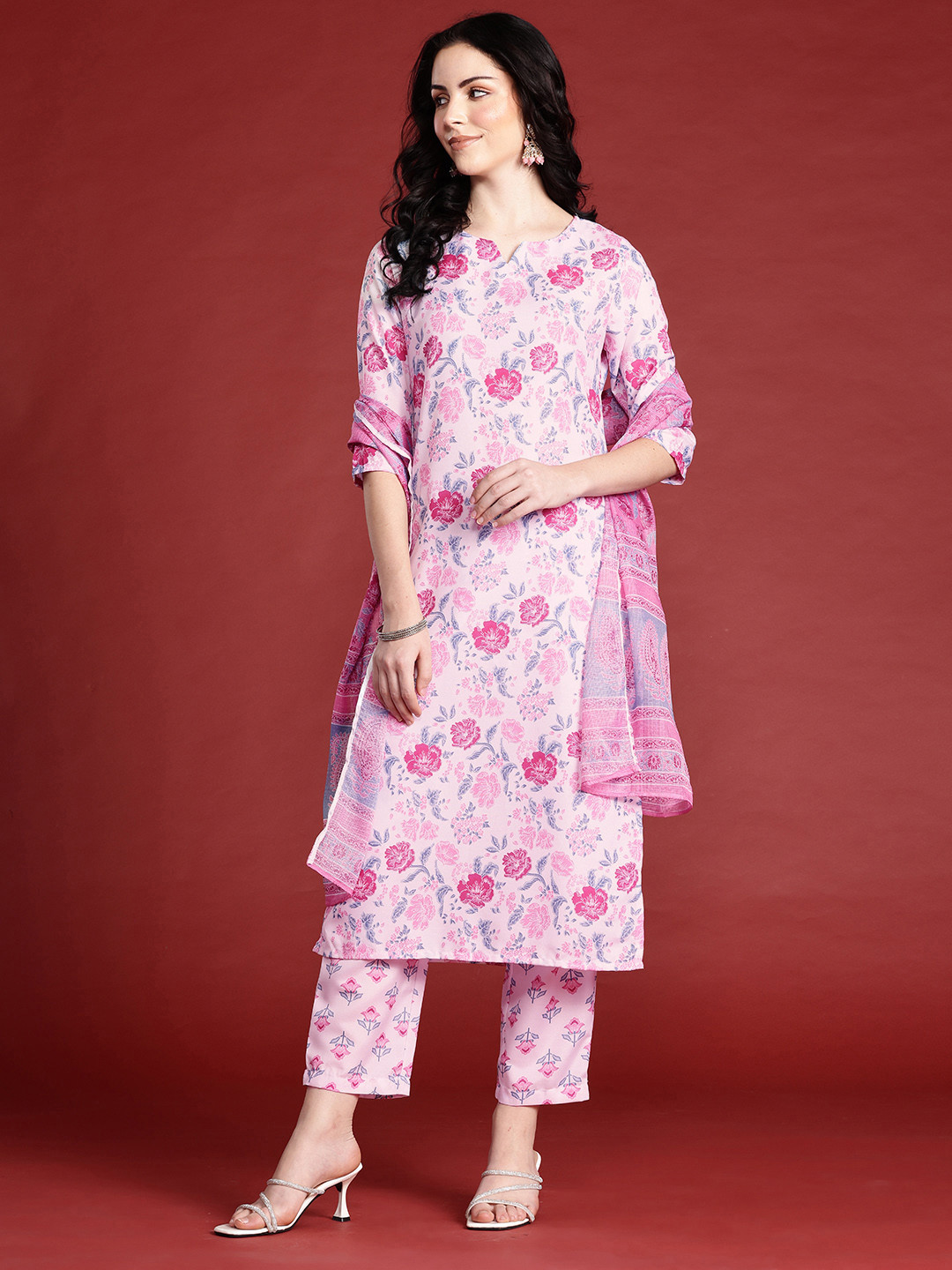 Buy Anouk Floral Printed Straight Kurta With Trousers & Dupatta - Kurta ...