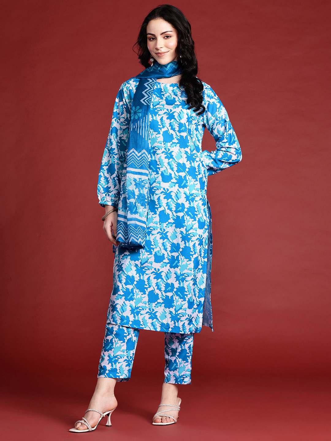Buy Anouk Printed Straight Kurta With Trousers & Dupatta - Kurta Sets ...