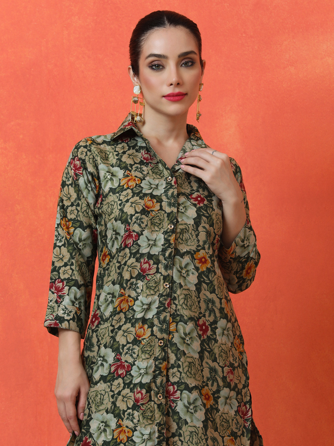 Buy Jaipur Kurti Floral Printed Shirt Collar Tunic With Trouser - Co ...
