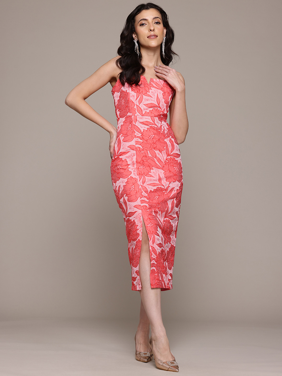 Buy Label Ritu Kumar Floral Jacquard Bodycon Midi Dress With Slit ...