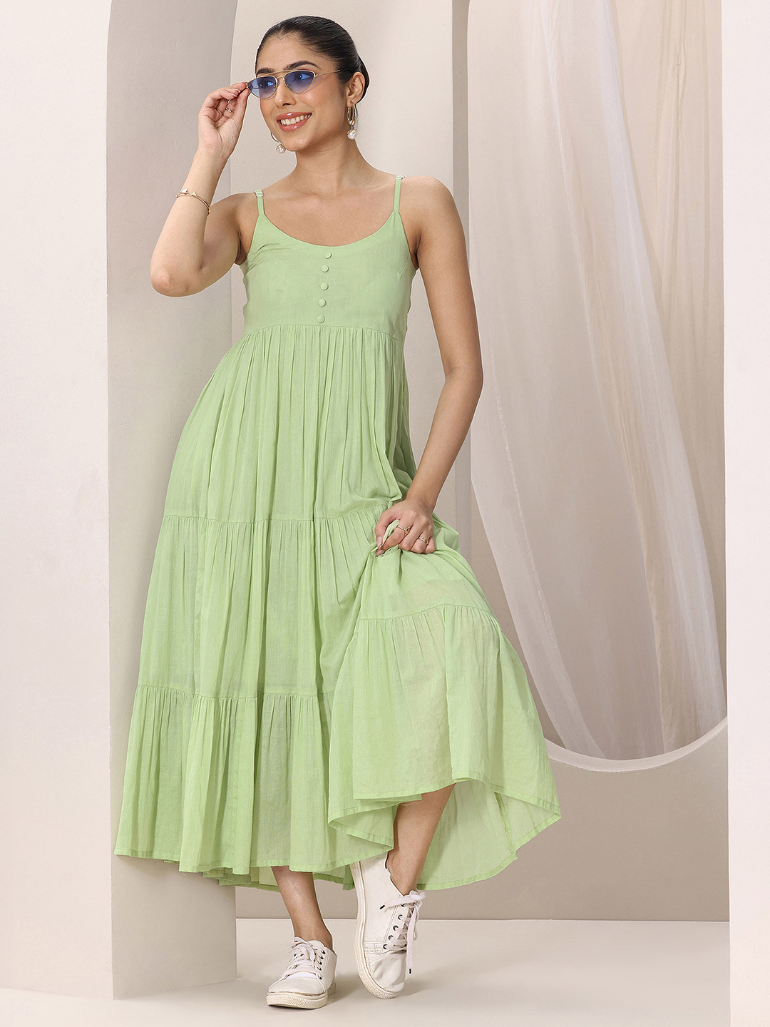 Buy Libas Solid Gathered Or Pleated Fit & Flare Tiered Midi Dress ...