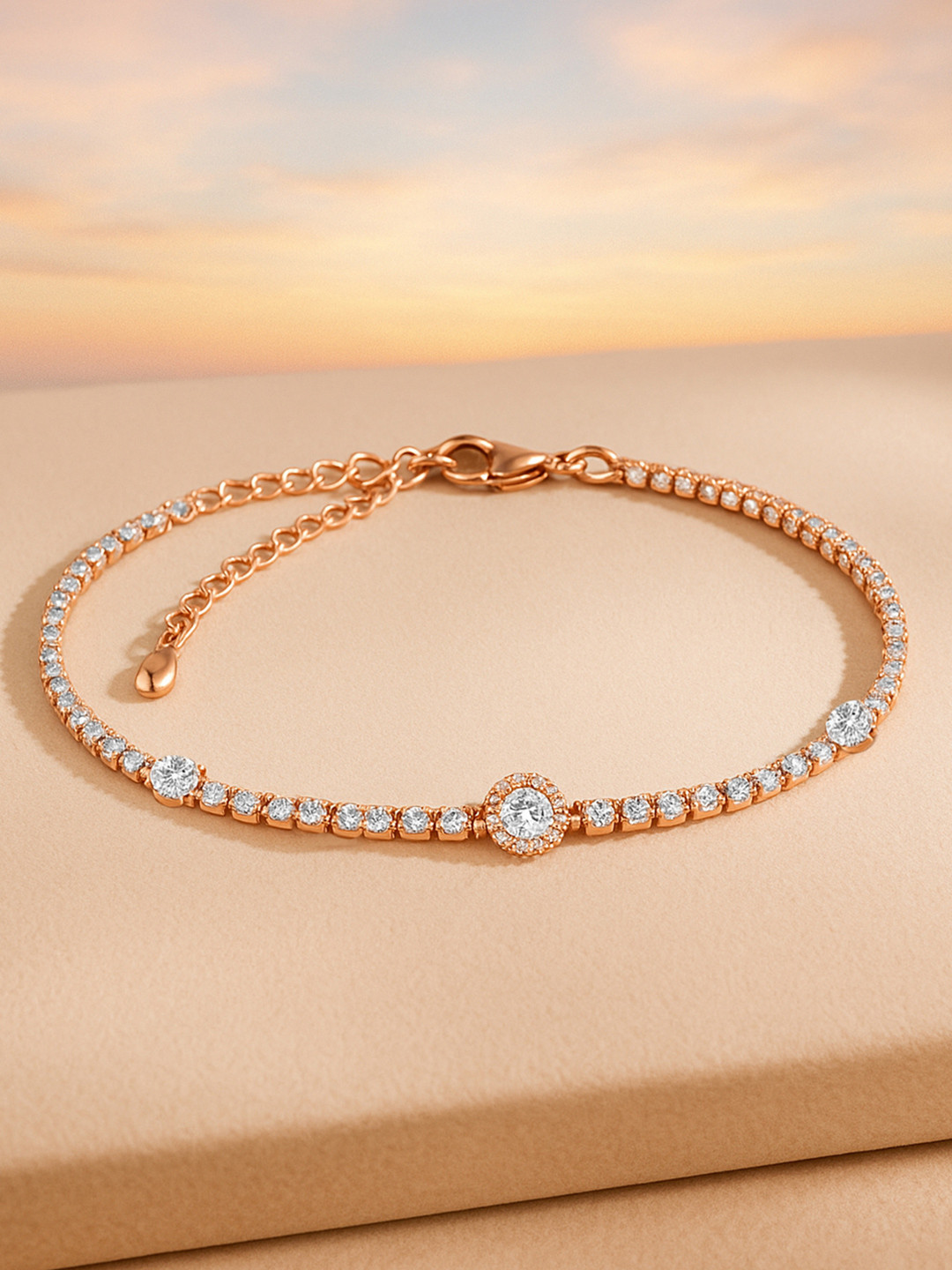Buy Rubans 18K Rose Gold Plated Cubic Zirconia Studded Tennis Bracelet ...