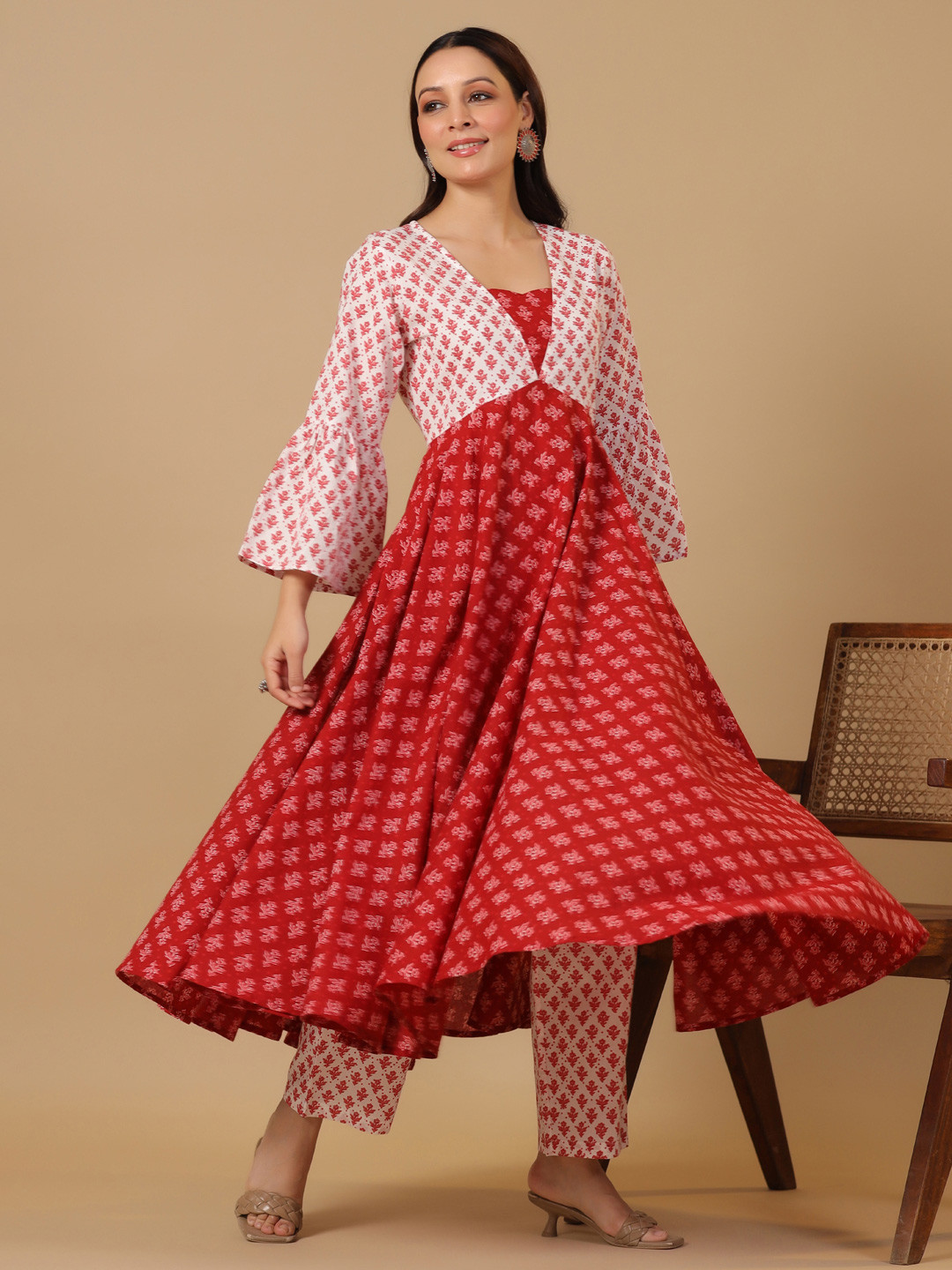Buy Anayna Ethnic Motifs Printed V Neck High Slit Anarkali Pure Cotton ...