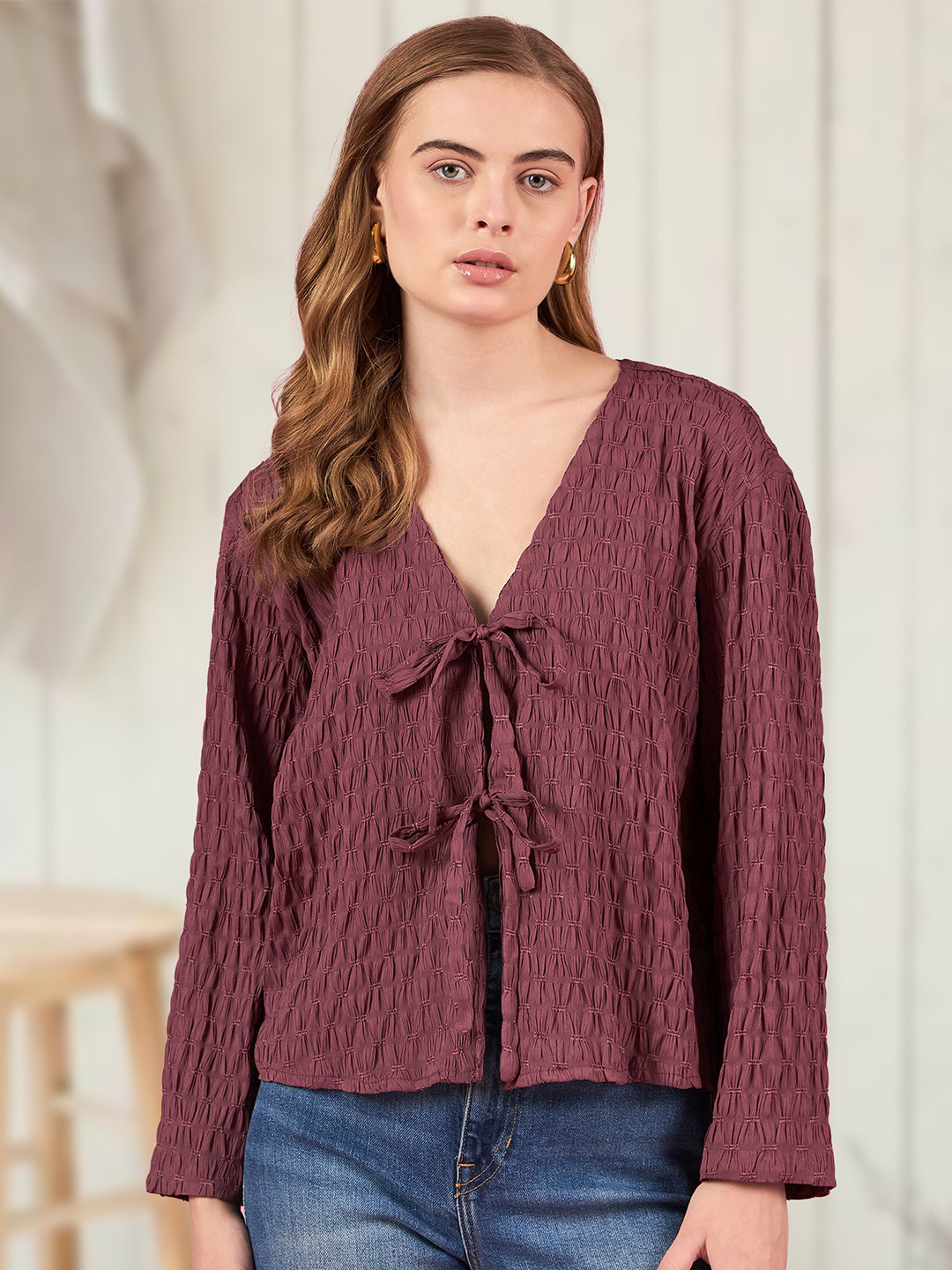 Buy DressBerry Women V Neck Self Design Tie Ups Top - Tops for Women ...