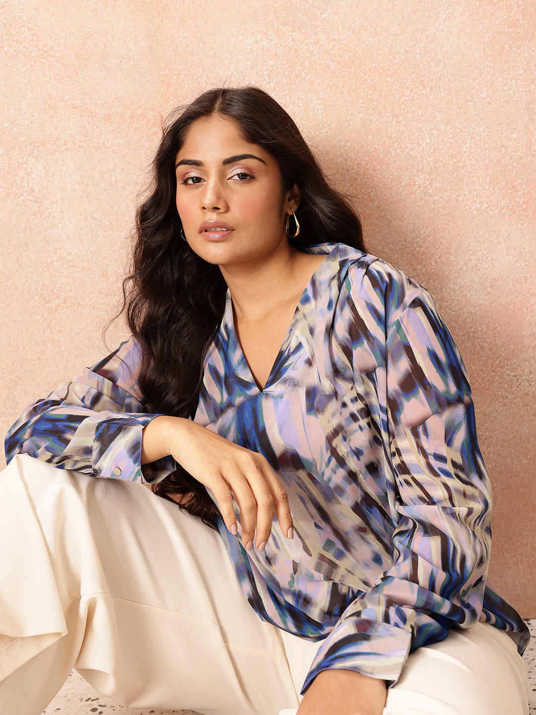 Buy All About You Plus Size Abstract Print V Neck Cuffed Sleeves ...