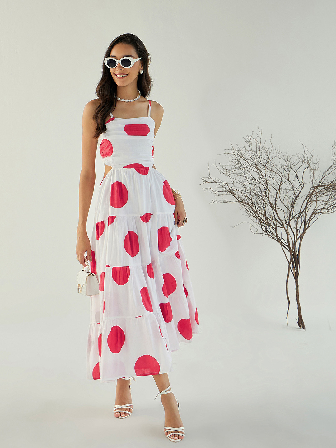 Buy Pink Paprika By SASSAFRAS Polka Dot Printed Cotton Fit And Flare ...