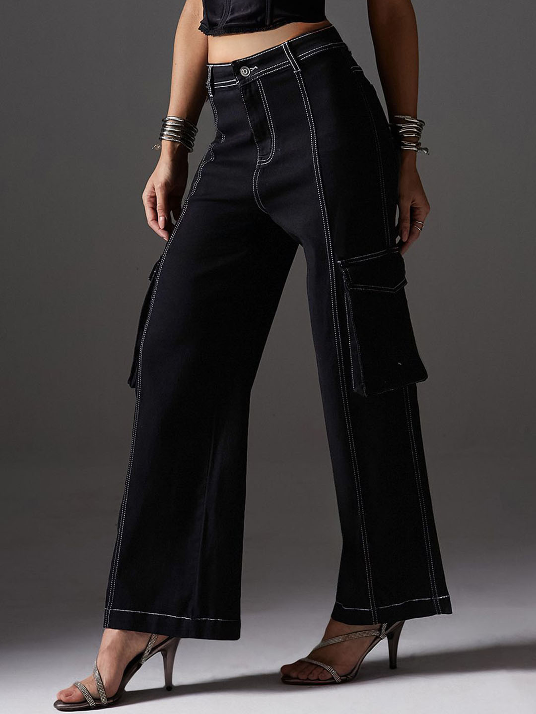 Buy Miss Chase Women Wide Leg High Rise Stretchable Cargo Jeans - Jeans ...