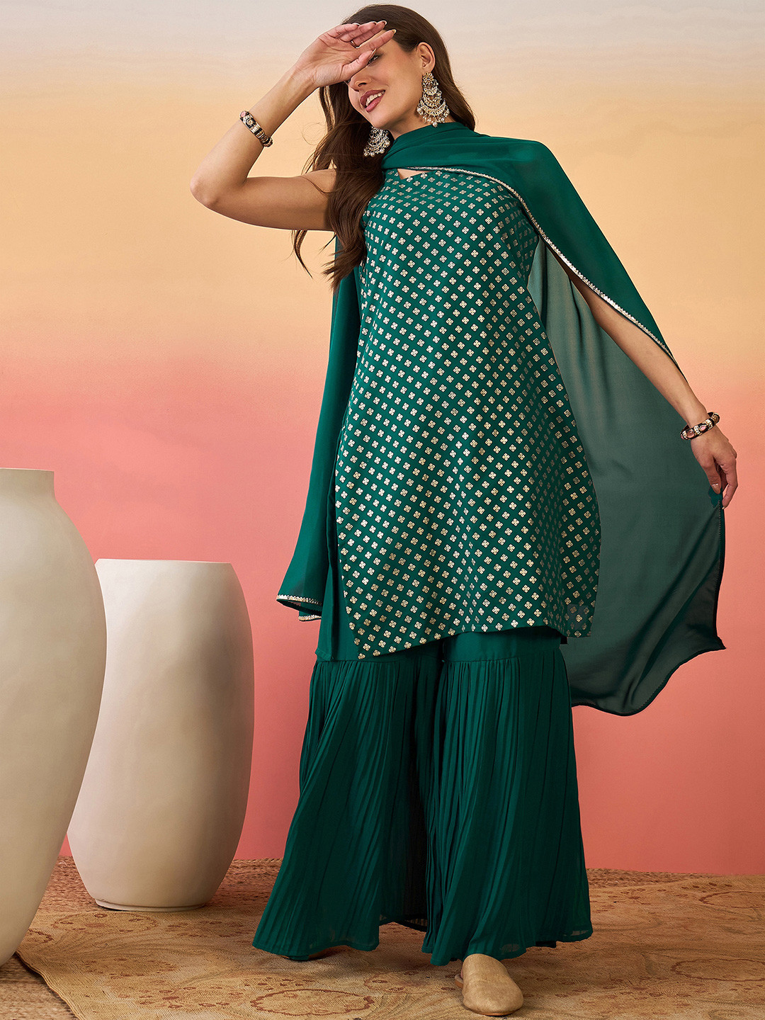 Buy Sangria Floral Printed Square Neck Kurta & Sharara With Dupatta ...