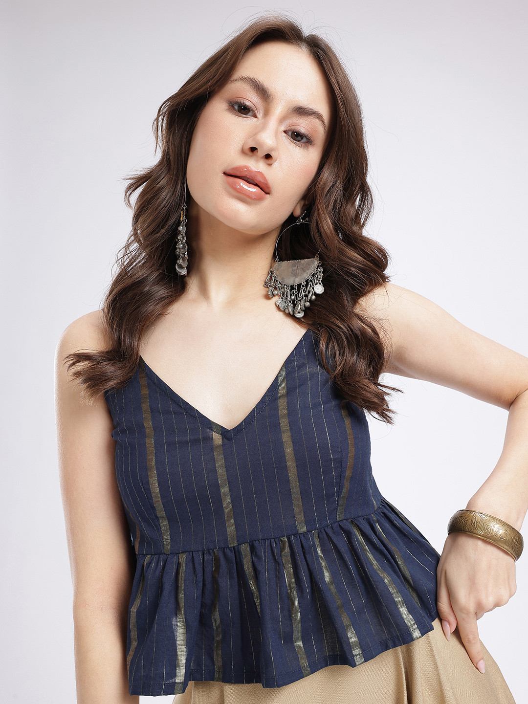 Buy Glitchez V Neck Vertical Striped Shoulder Straps Gathered A Line ...