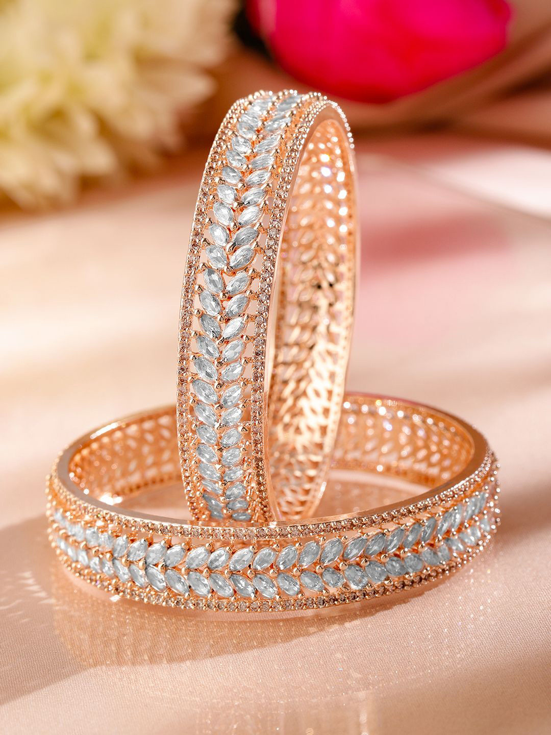 Buy Rubans Set Of 2 22K Rose Gold Plated Cubic Zirconia Leaf Motif Luxe ...