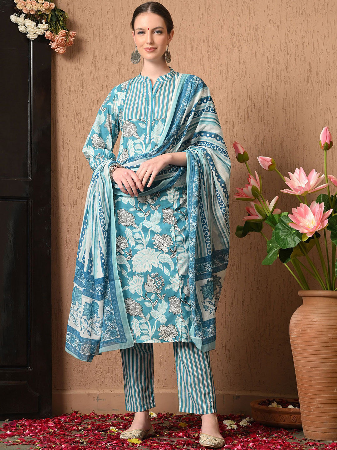 Buy Anouk Women Floral Printed Regular Pure Cotton Kurta With Trousers & With Dupatta - Kurta ...