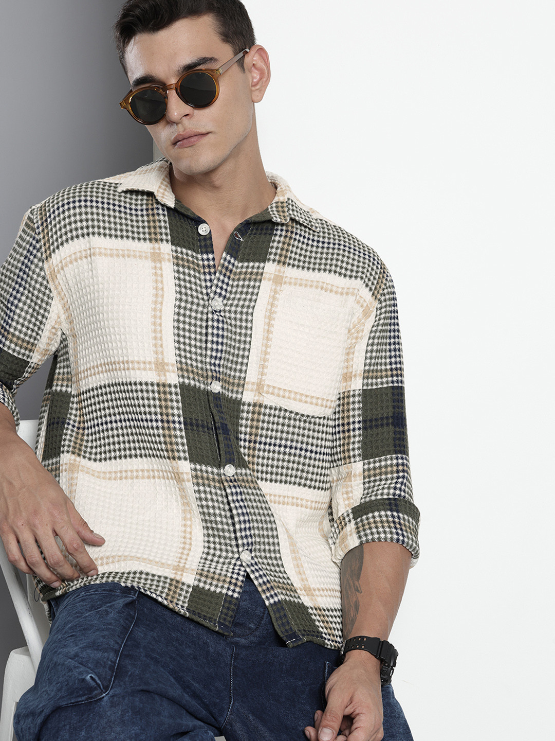 Buy The Indian Garage Co Pure Cotton Checks Waffles Textured Opaque ...