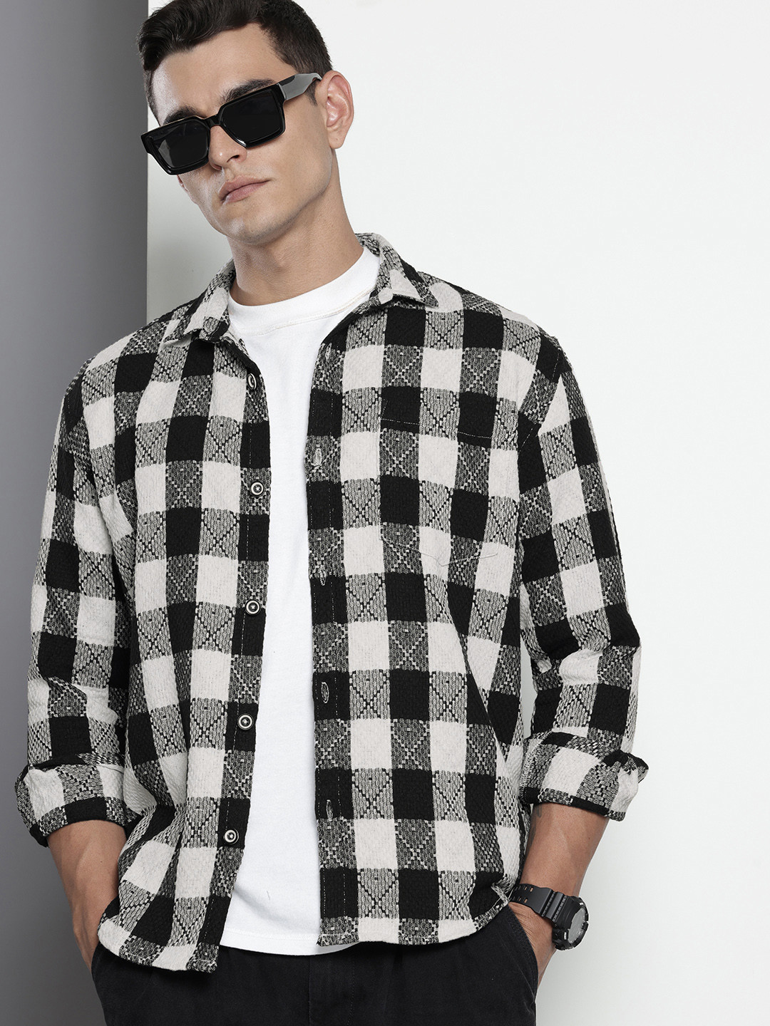 Buy The Indian Garage Co Pure Cotton Textured Checks Opaque Relaxed Fit ...