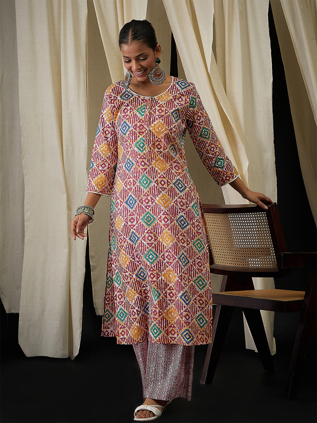 Buy Anouk Women Printed Regular Thread Work Pure Cotton Kurta With ...