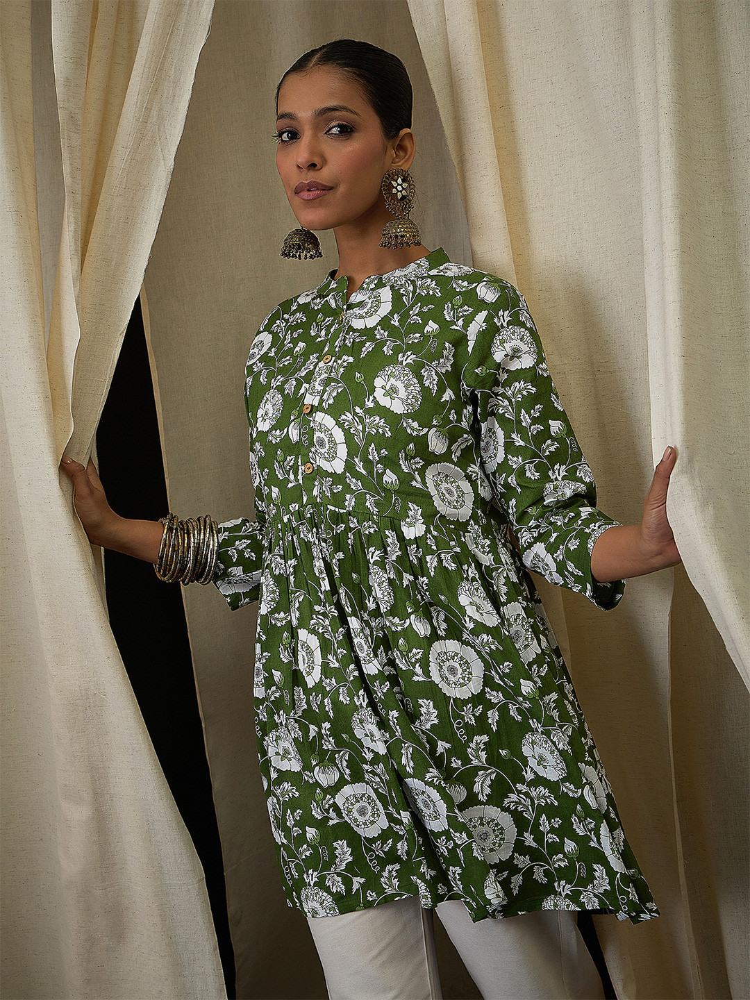 Buy Anouk Ethnic Motifs Printed Pure Cotton Pleated Short Kurti ...