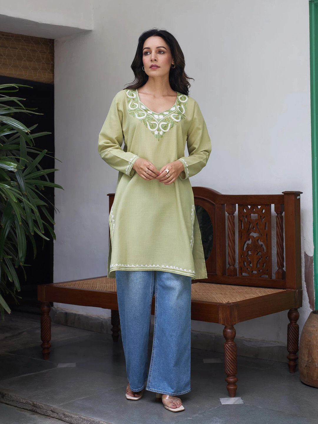Buy Kashmir Box Kashmiri Aari Embroidered Green Ruby Cotton Kurti ...