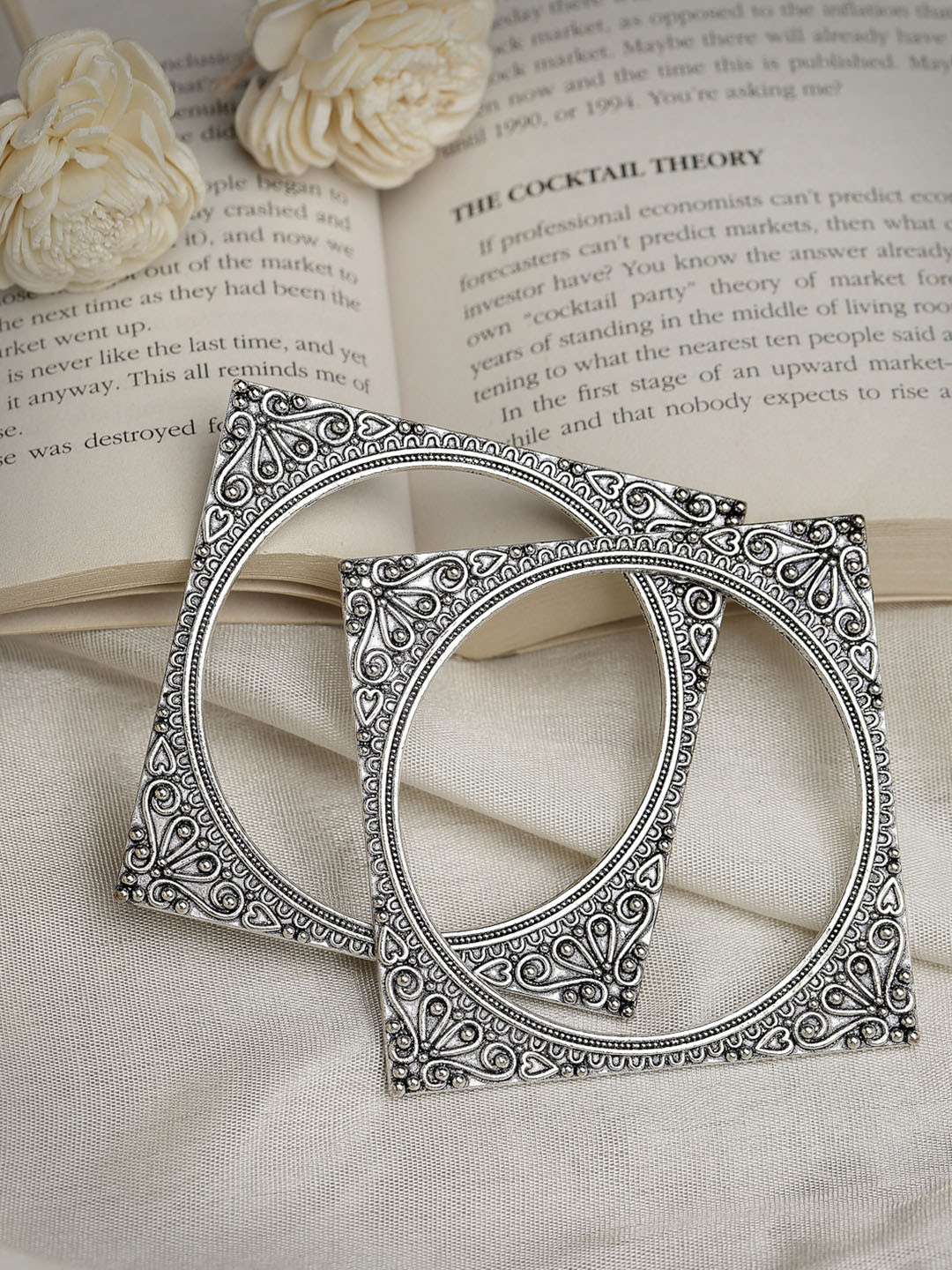 Buy Anouk Women Set Of 2 Silver Toned Oxidized Square Shaped Bangles ...