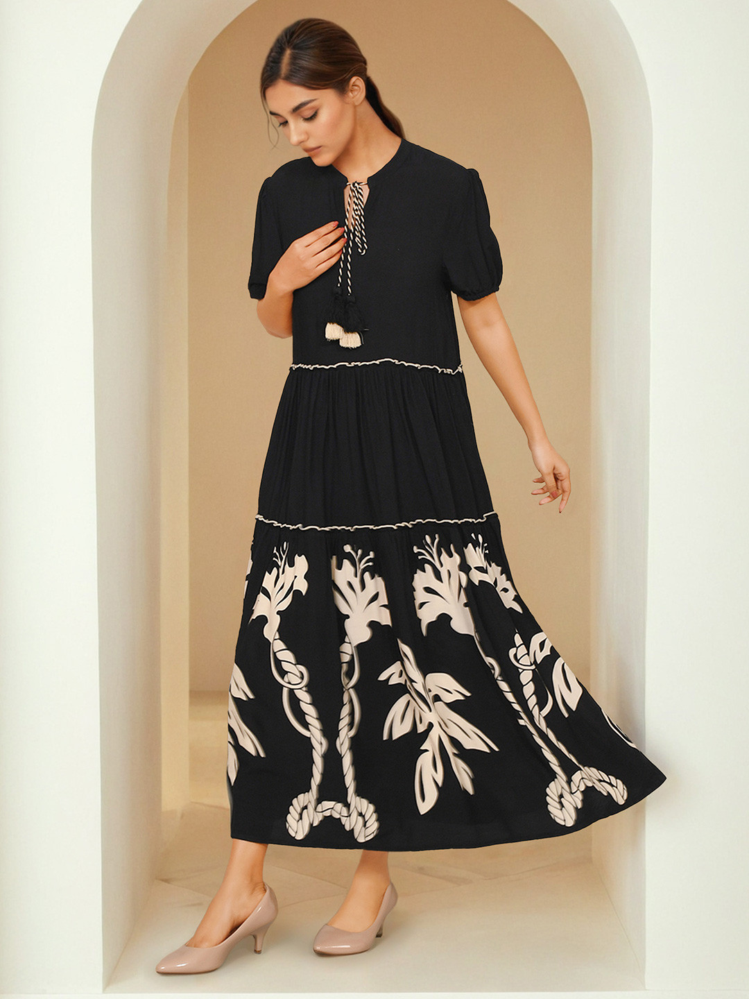 Buy Dora Dori Floral Print Tie Up Neck Puff Sleeve Maxi Dress - Dresses ...