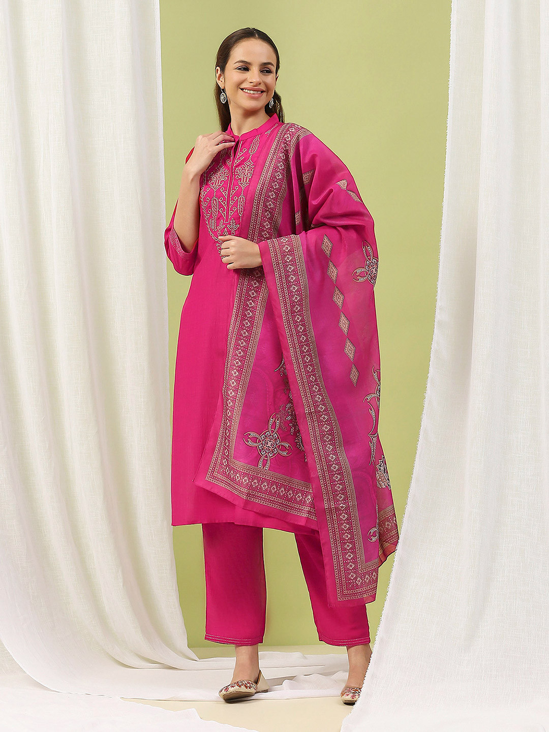 Buy Nayam By Lakshita Floral Yoke Design Thread Work Kurta With Trouser & Dupatta - Kurta Sets ...