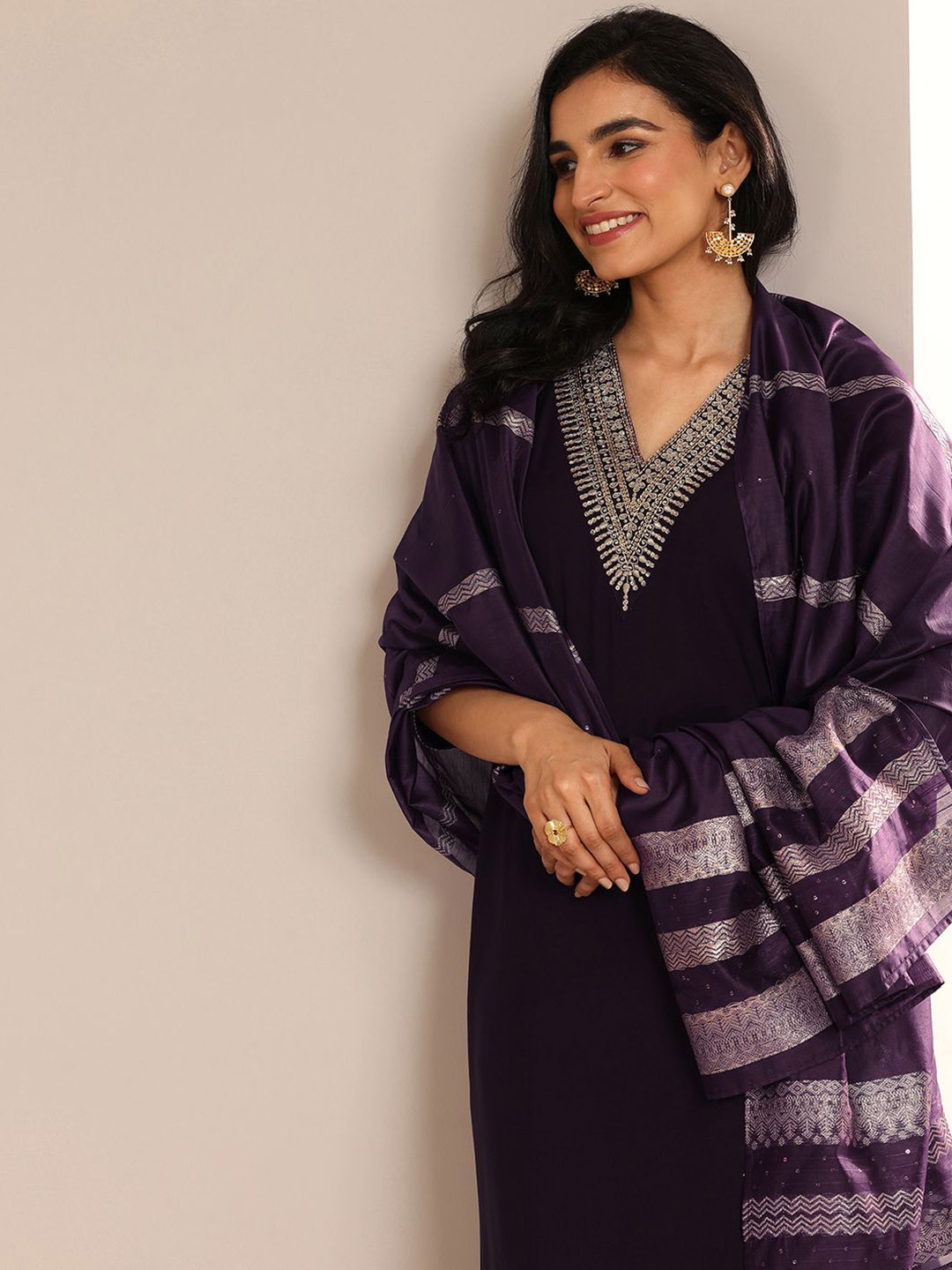 Buy Gerua By Libas Floral Yoke Design Zari Work V Neck Straight Kurta ...