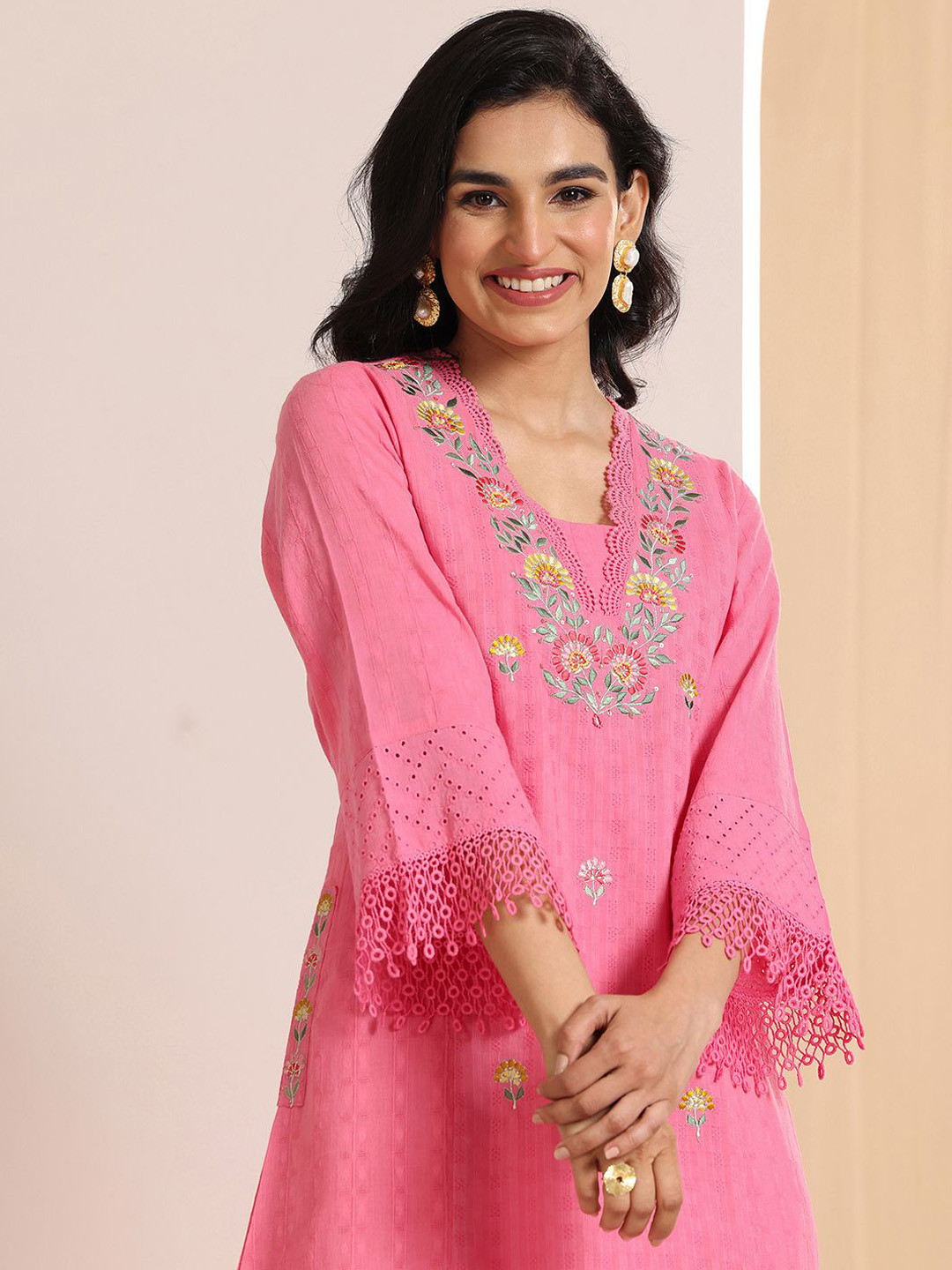 Buy Libas Floral Woven Design Thread Work Panelled A Line Kurta With Palazzos And Dupatta ...