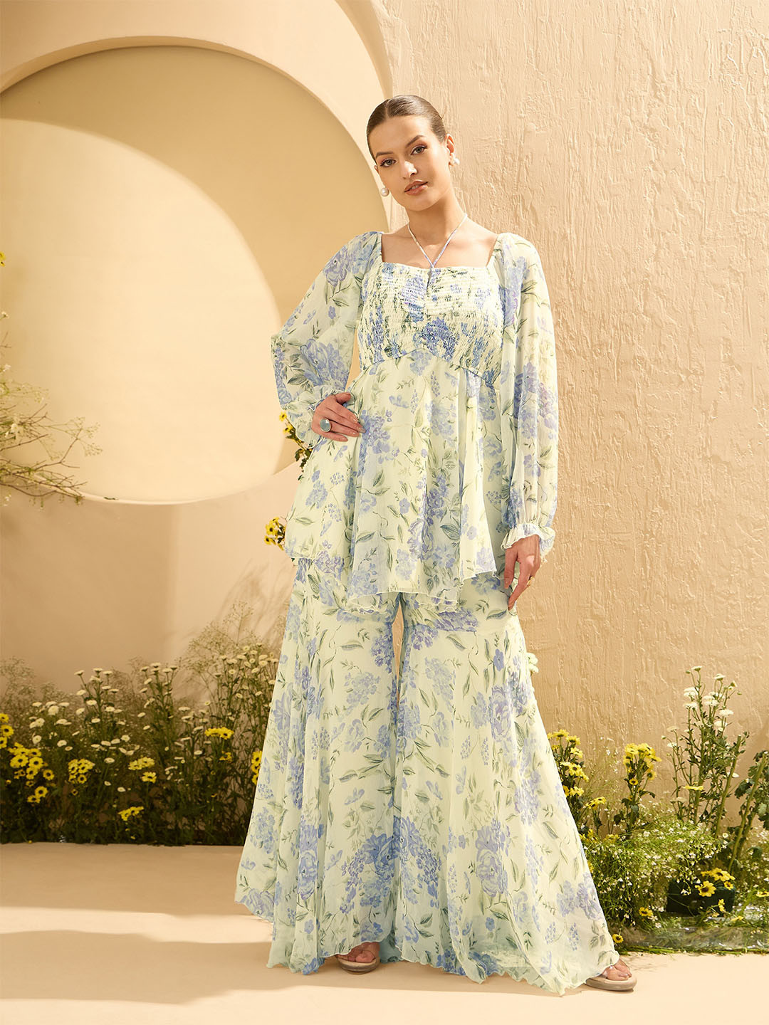 Buy Antheaa Floral Printed Square Neck Tunic With Palazzos - Co Ords ...