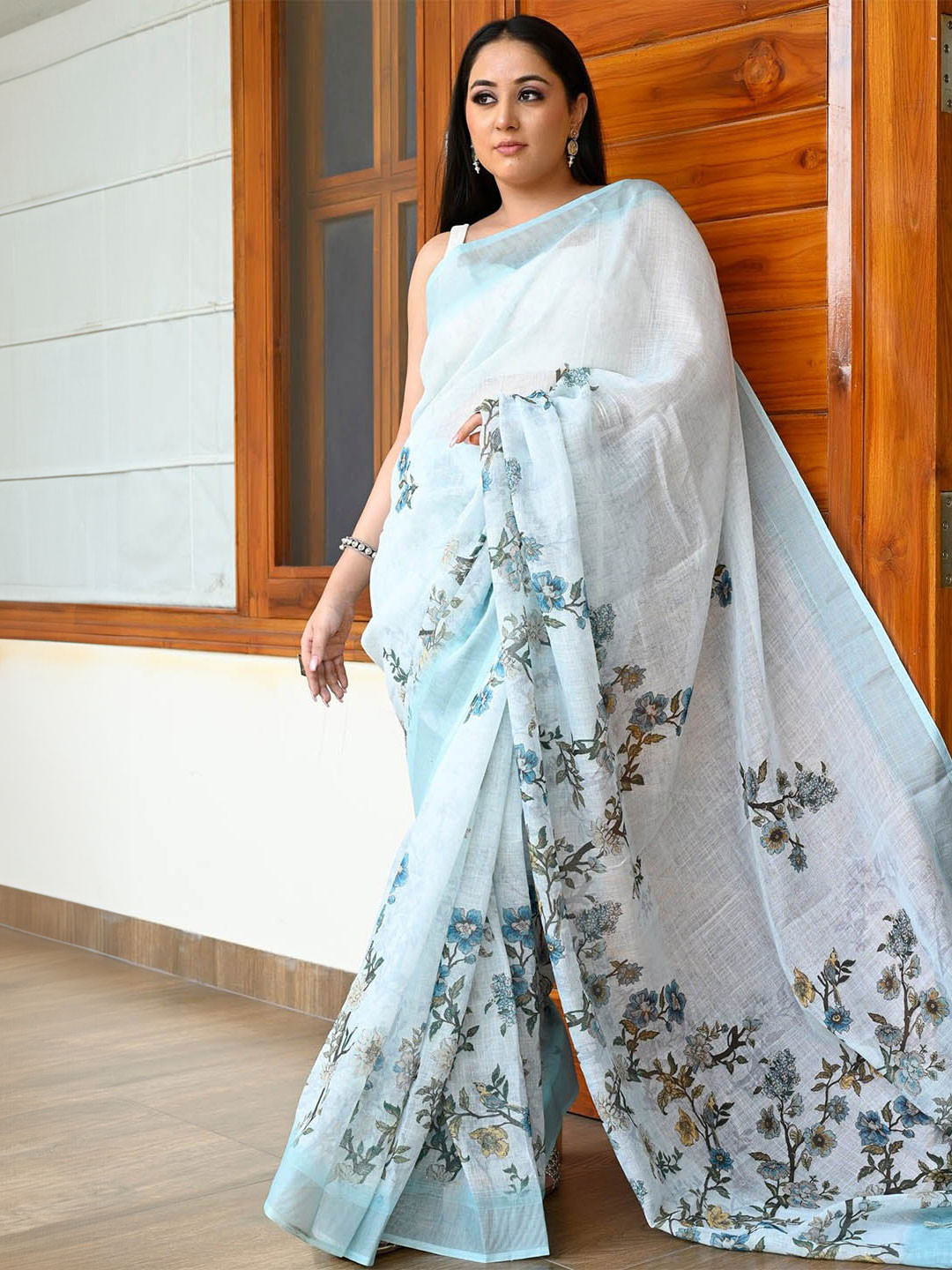 Buy Iris Floral Printed Cotton Saree With Unstitched Blouse Piece ...