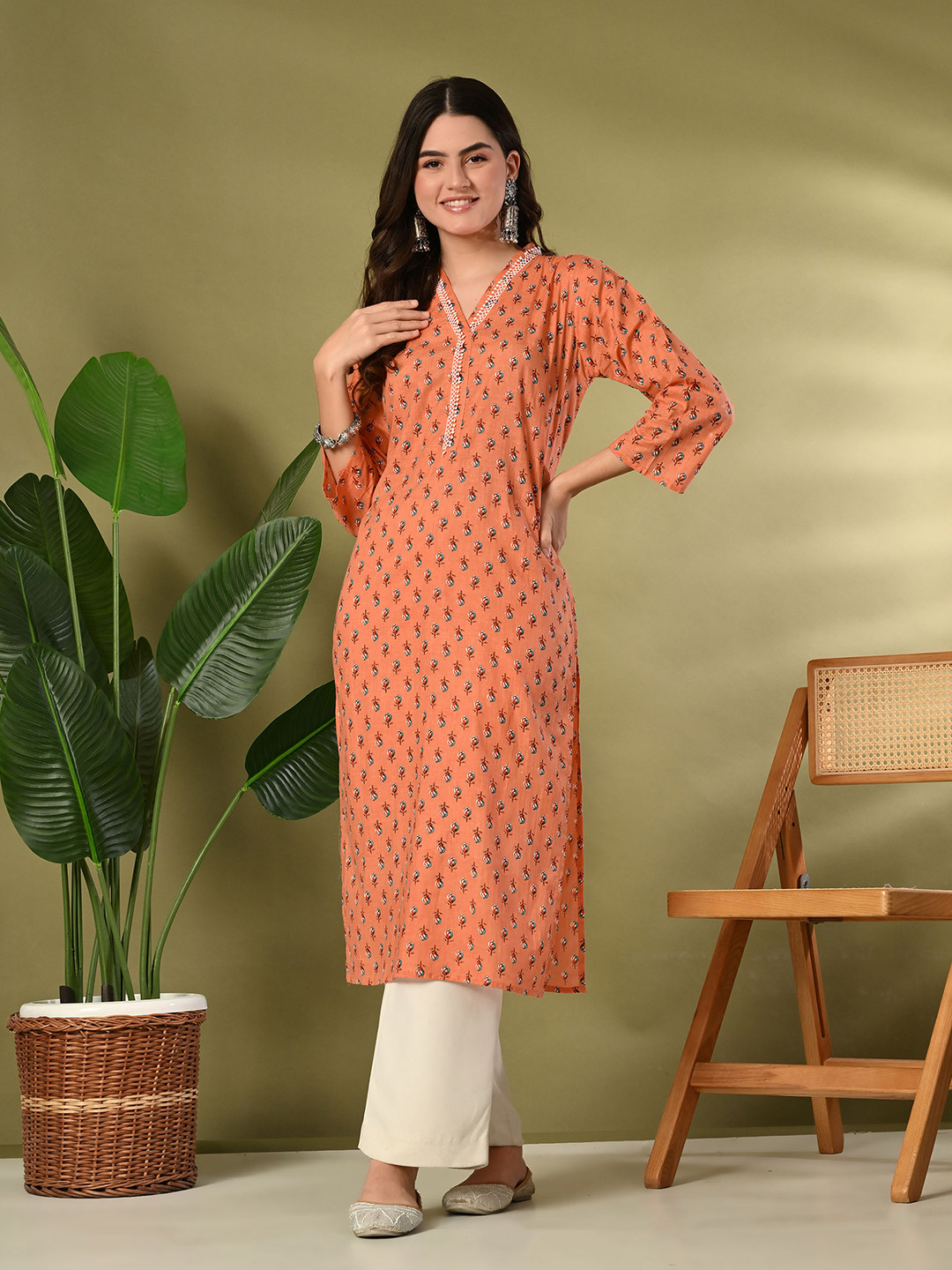 Buy Lavantika Floral Printed V Neck Cotton Straight Kurta - Kurtas for Women 33354224 | Myntra