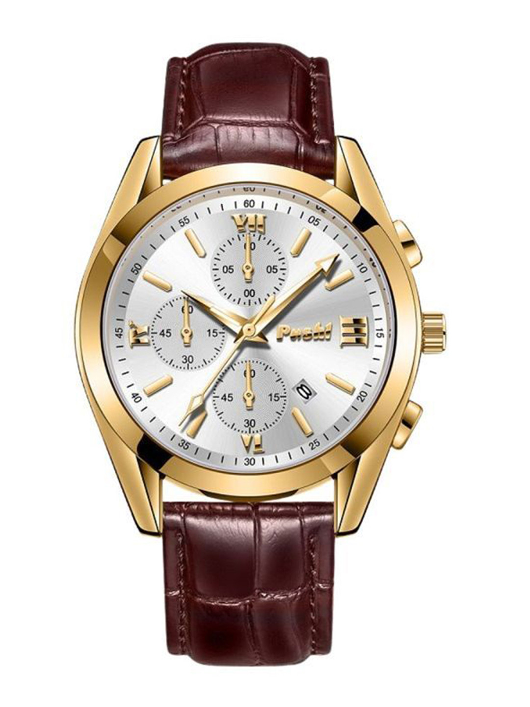 Buy Poshi Men Leather Strap Round Dial Water Resistant Quartz Watch ...